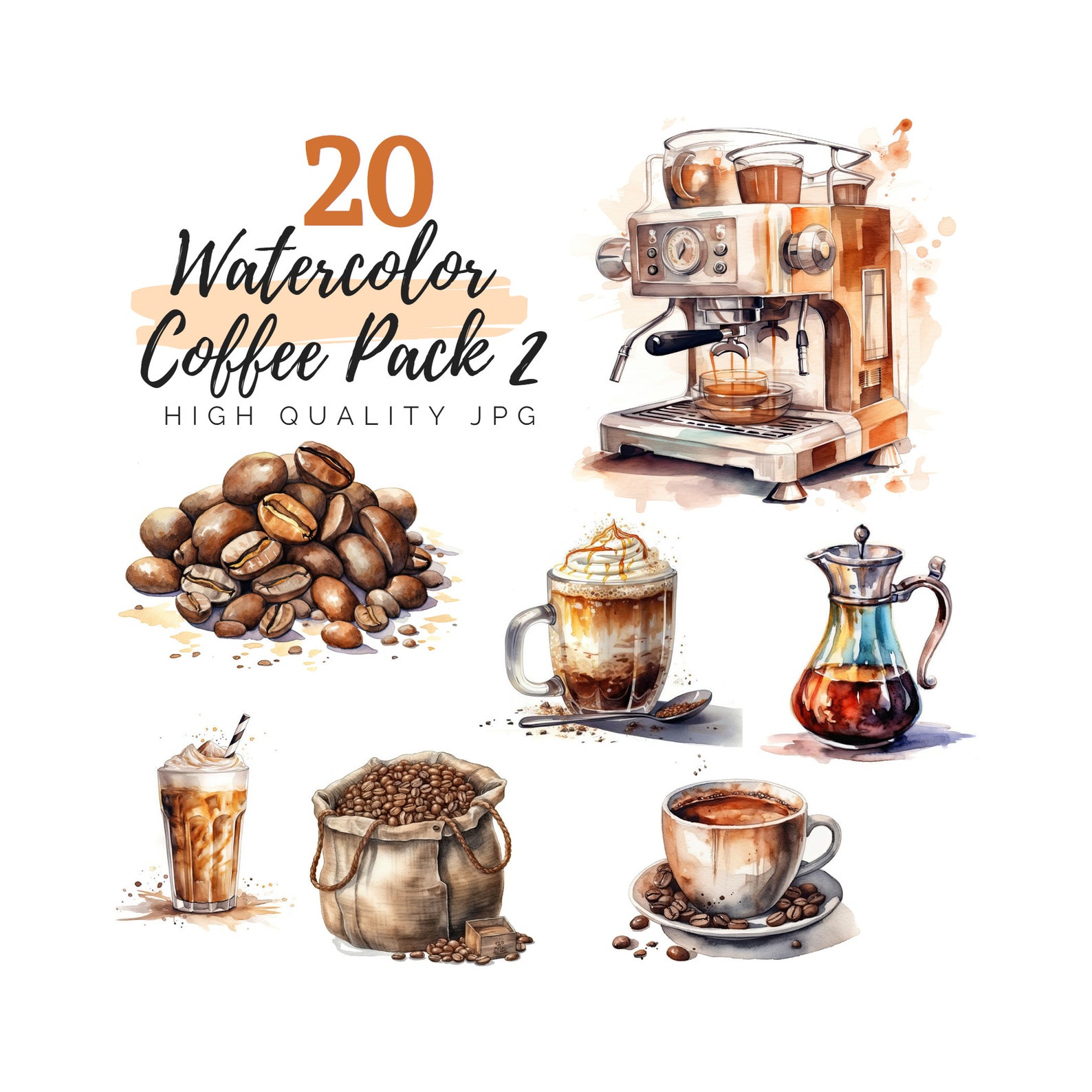 Watercolor Coffee Pack 2, Coffee Clipart, Coffee Machine Clipart ...
