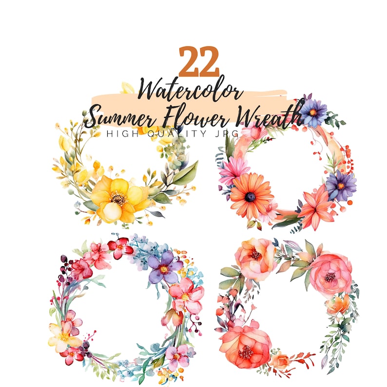Watercolor Summer Floral Wreath Clipart, Watercolor Flowers, Digital ...