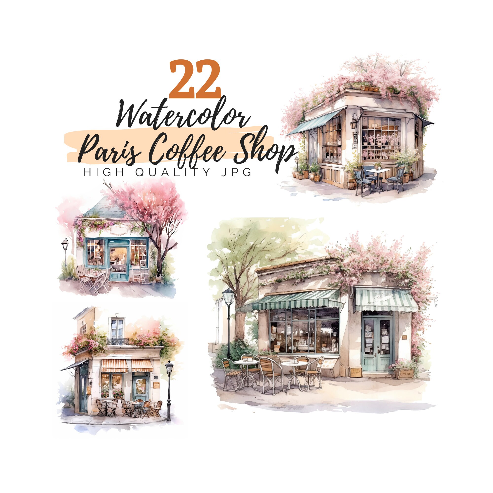 Watercolor Paris Coffee Shop Clipart, Coffee Clipart, High Quality JPG ...