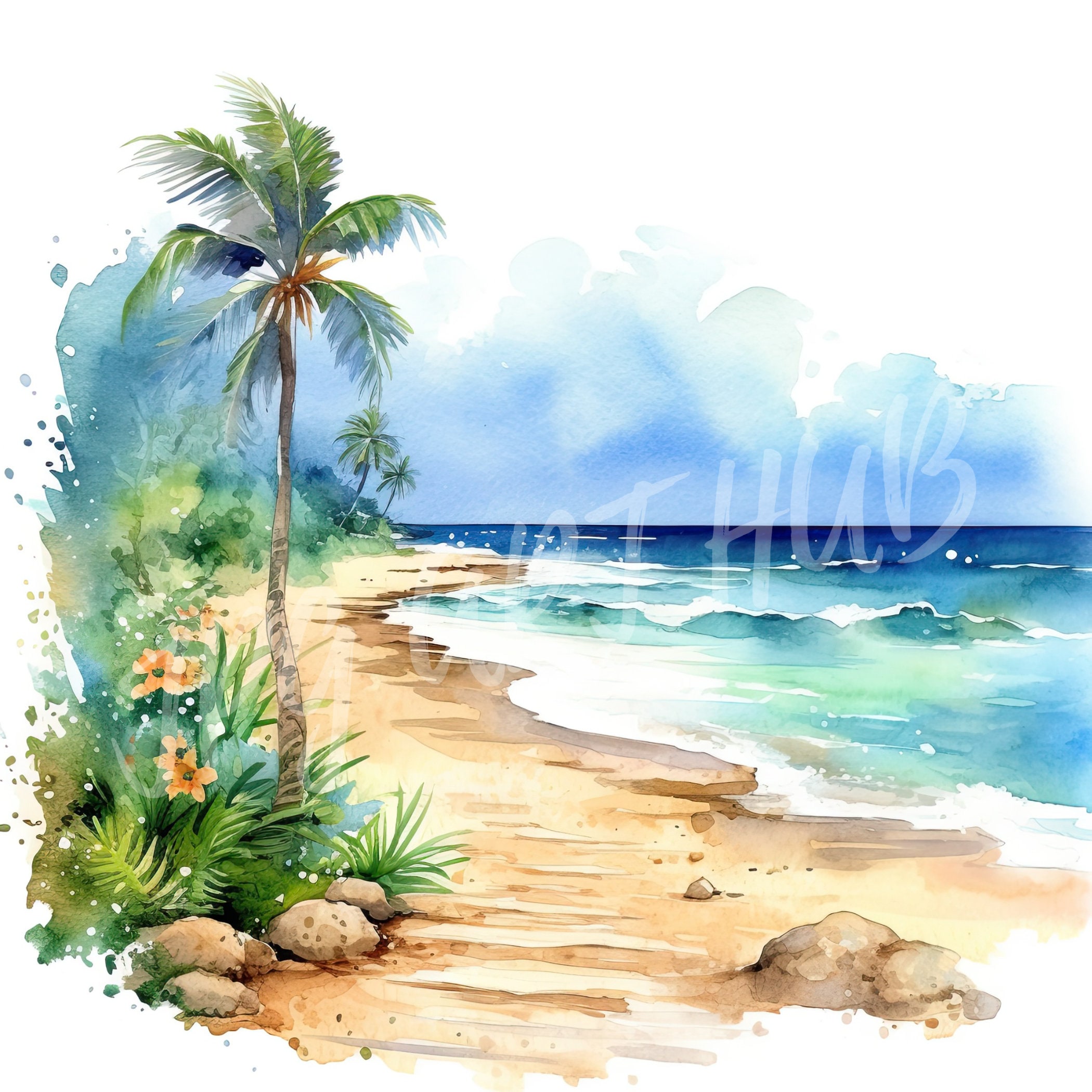 Watercolor Beach Clipart, Vacation Clipart, Ocean Landscape, Beach ...