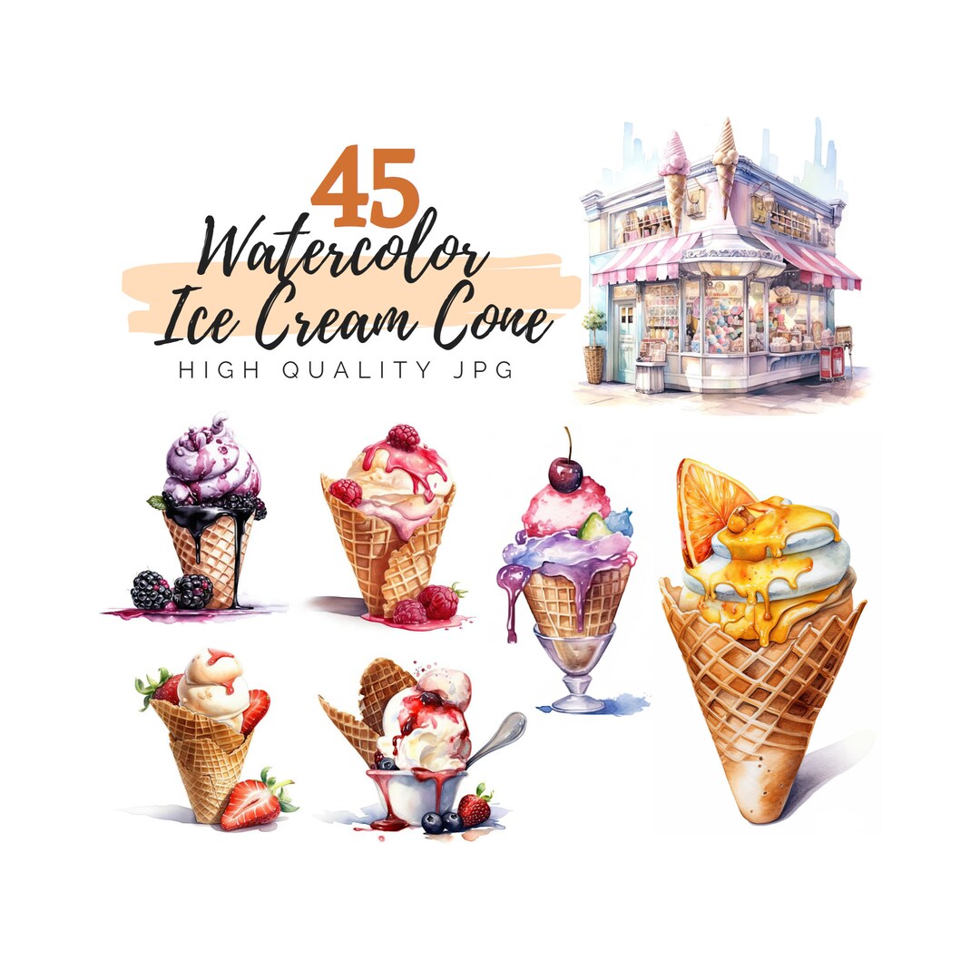 Watercolor Ice Cream Cone Clipart, Ice Cream Clipart, Summer Clipart ...