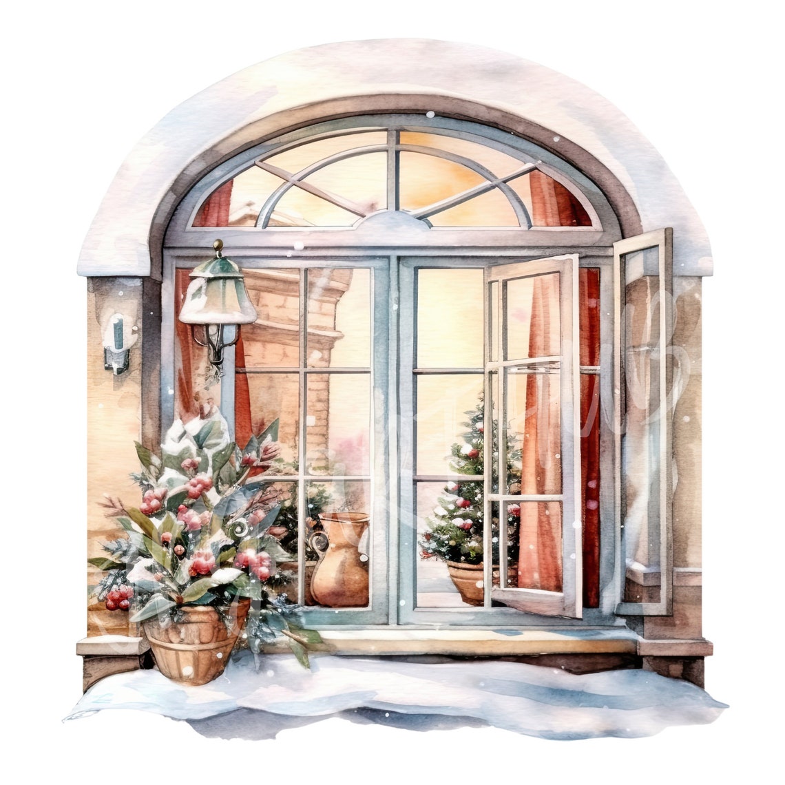 Watercolor Christmas Window Clipart, High Quality JPG, Digital Download ...