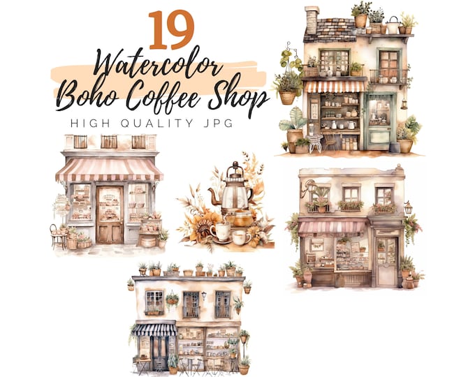 50 Coffee Shop Watercolor JPG Images Digital Art Printable Kit Instant ...