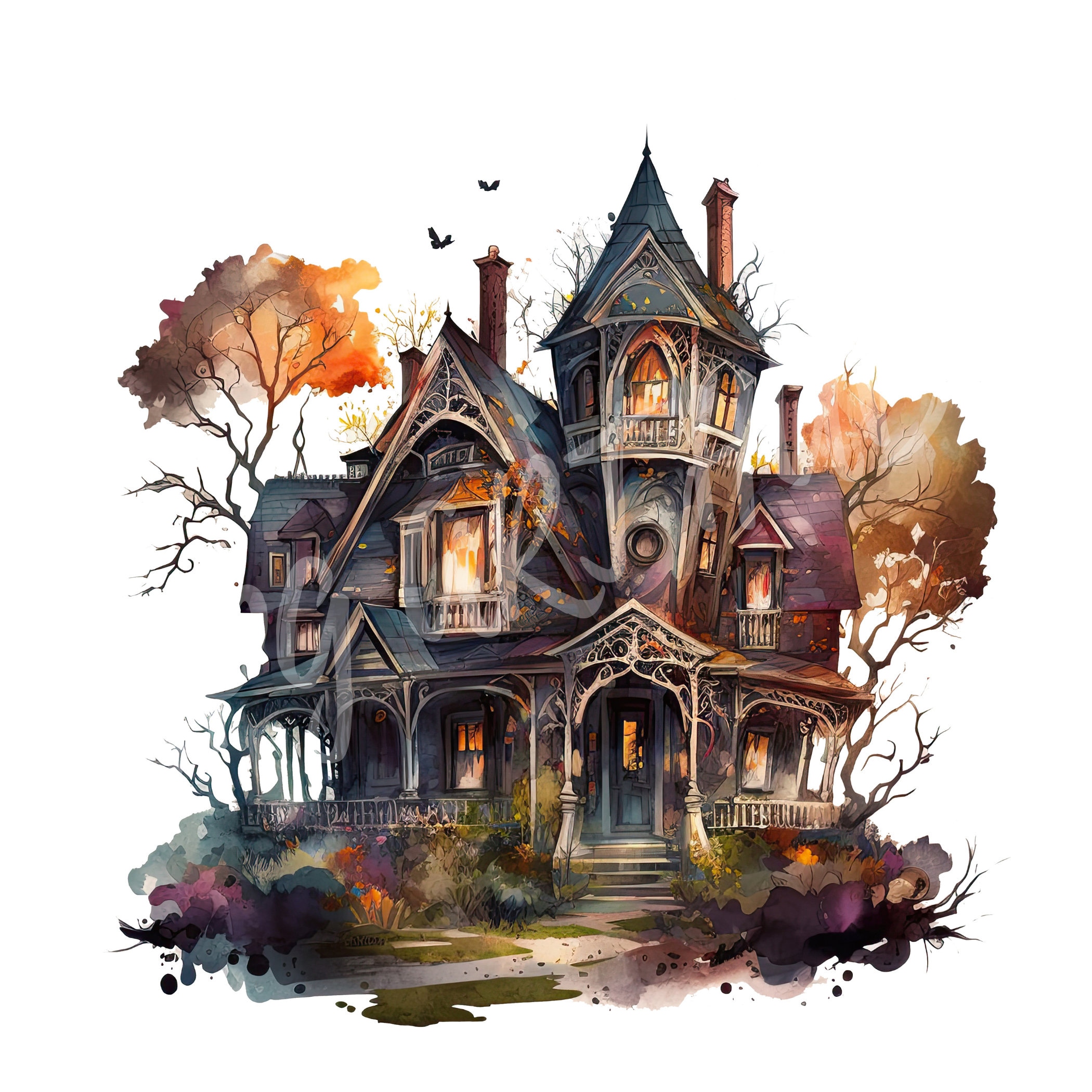 Watercolor Haunted House Clipart, Spooky House Clipart, Watercolor ...