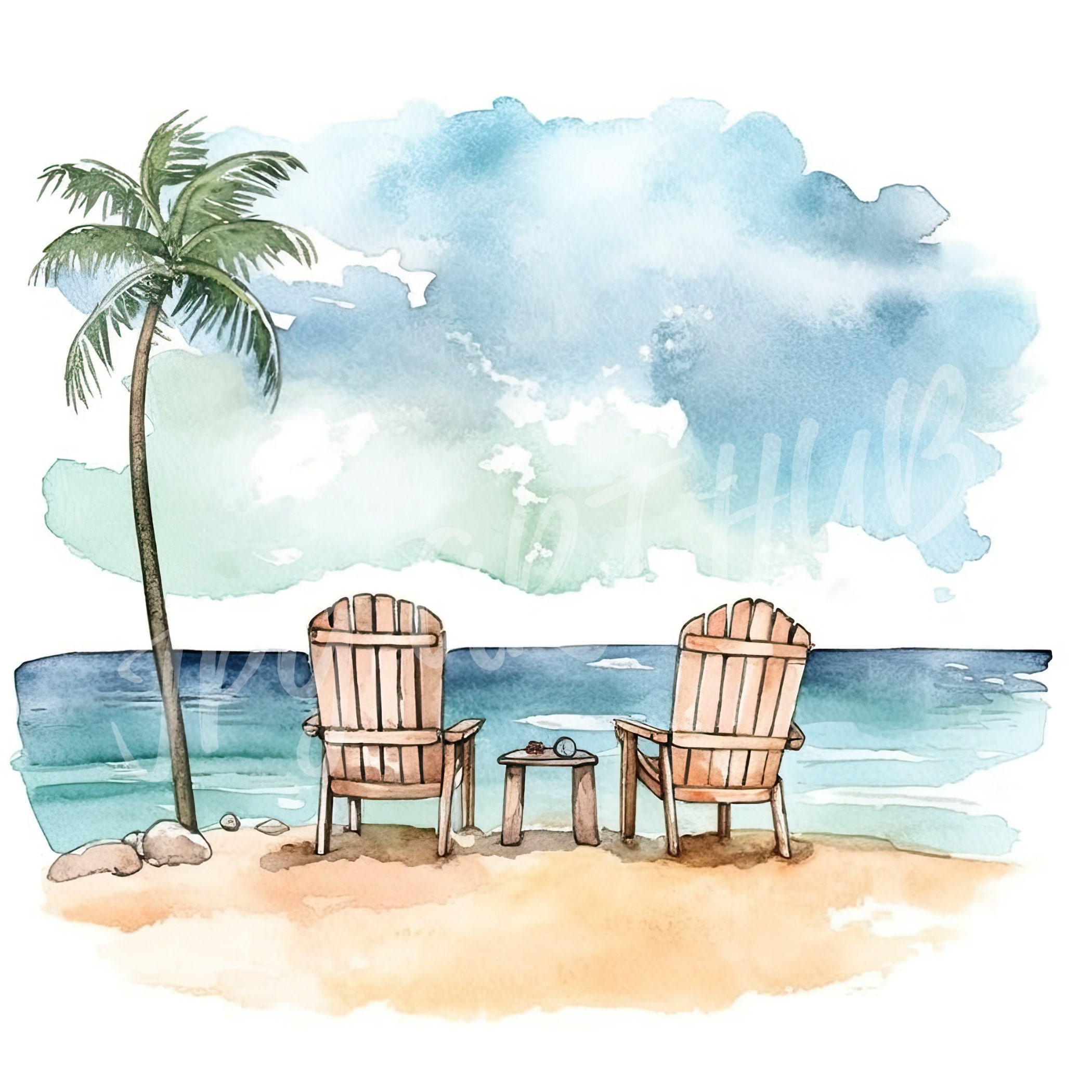 Watercolor Beach Clipart, Vacation Clipart, Ocean Landscape, Beach ...