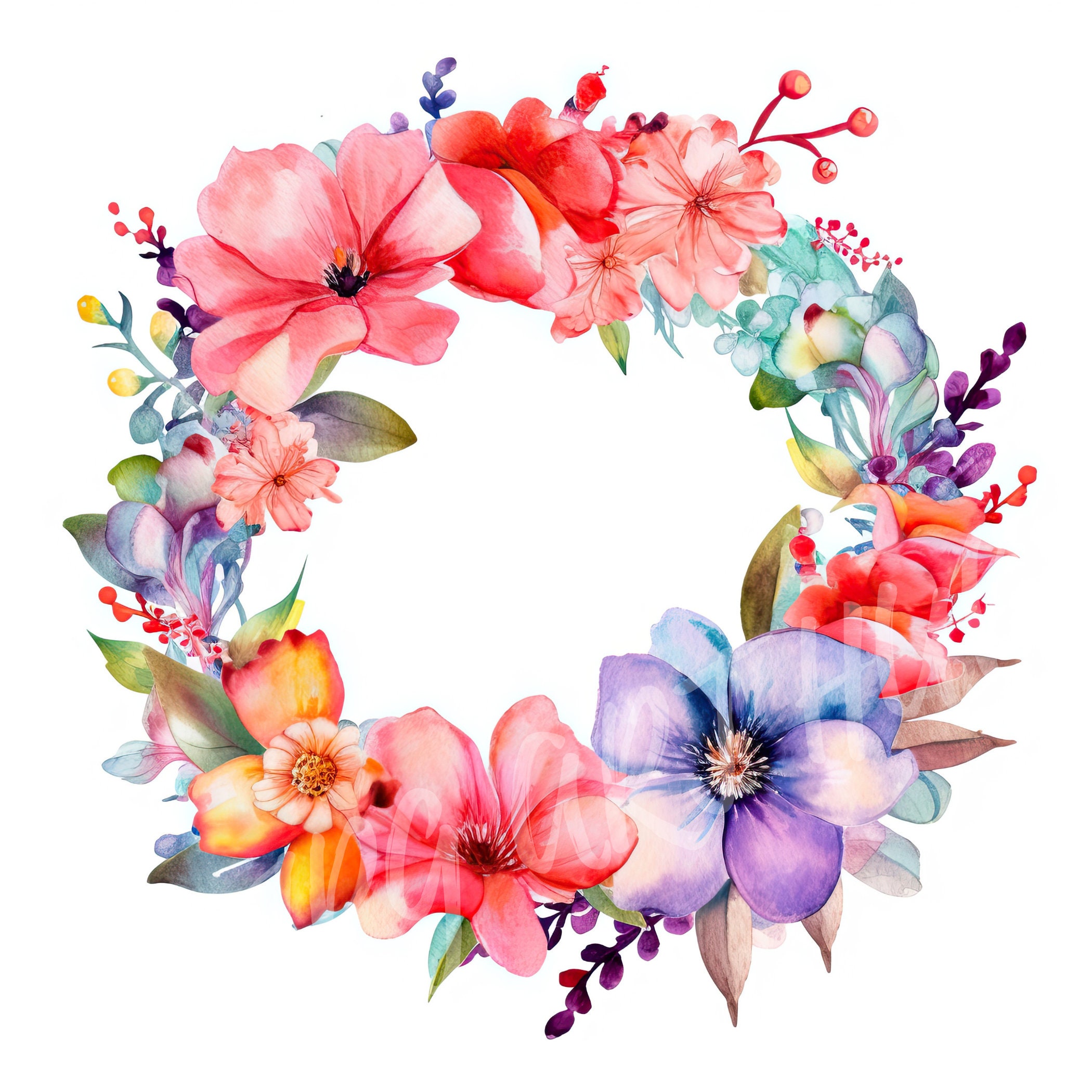 Watercolor Summer Floral Wreath Clipart, Watercolor Flowers, Digital ...