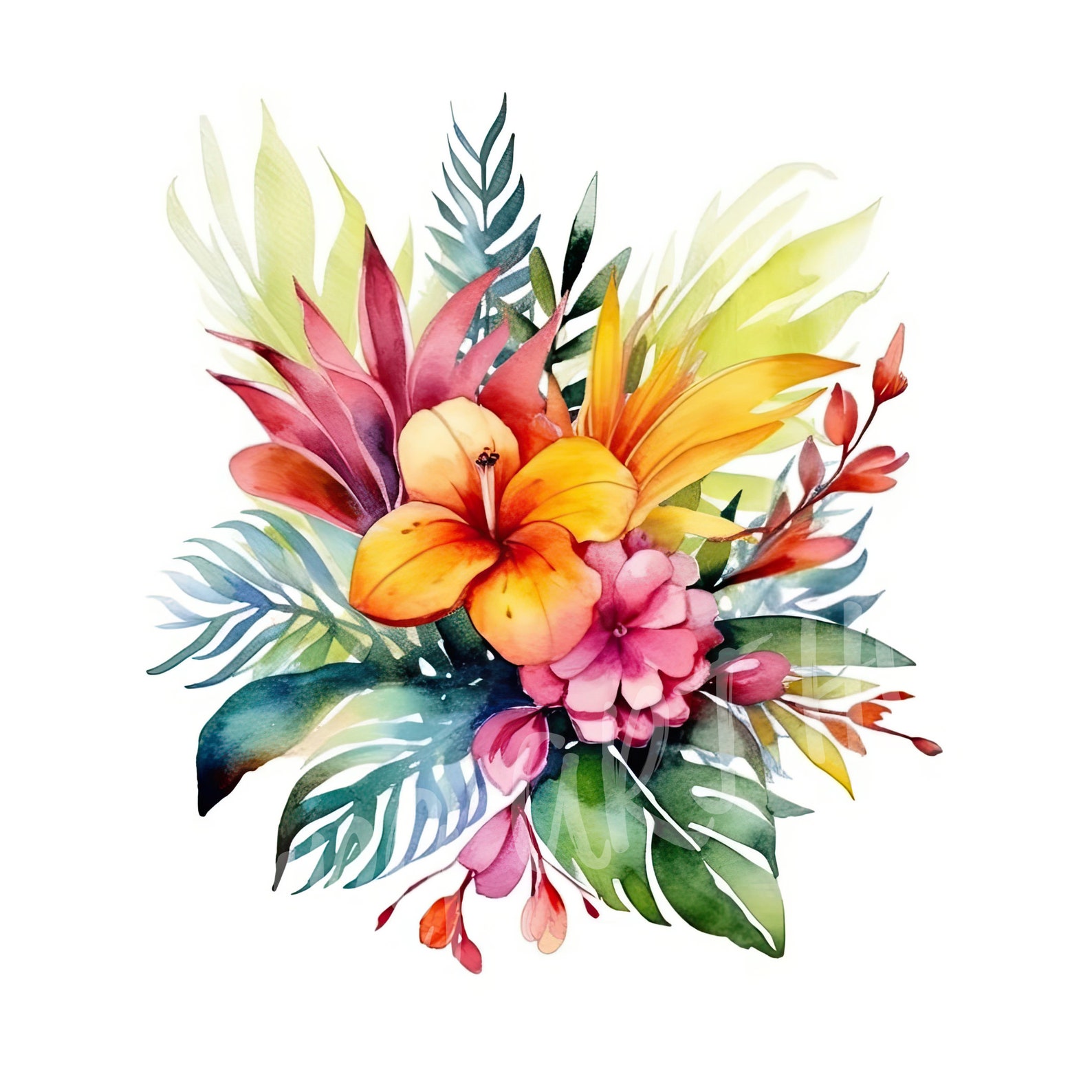 Watercolor Tropical Flowers Bouquet Clipart, Flowers Clipart, Digital ...