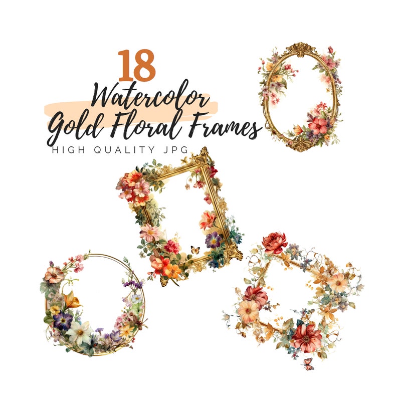Watercolor Gold Floral Frame Clipart High Quality JPG Floral - Etsy