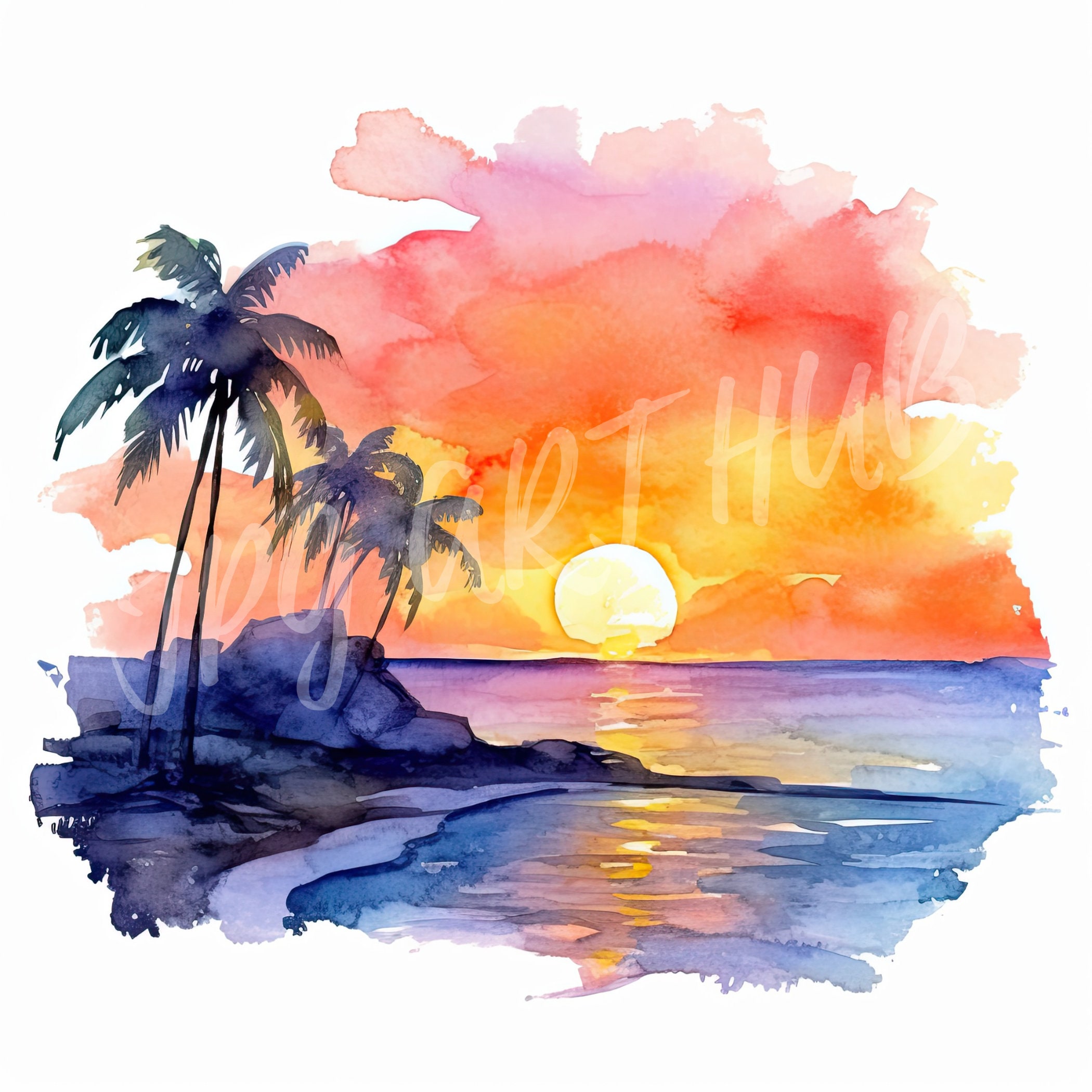 Watercolor Beach Sunset Clipart Sunset Watercolor Beach - Etsy