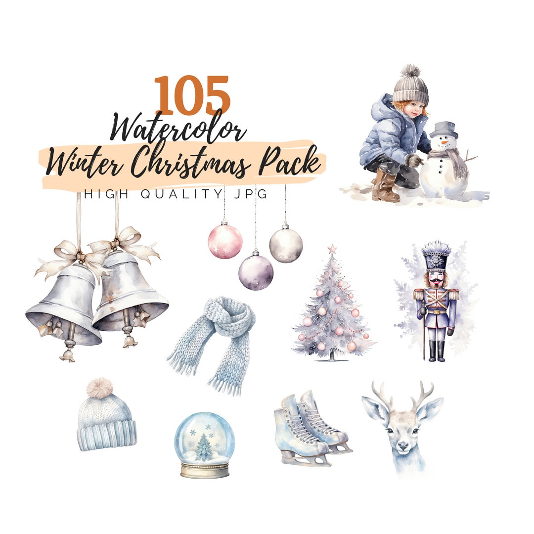 Watercolor Winter Christmas Clipart Bundle, High Quality JPG, Digital ...