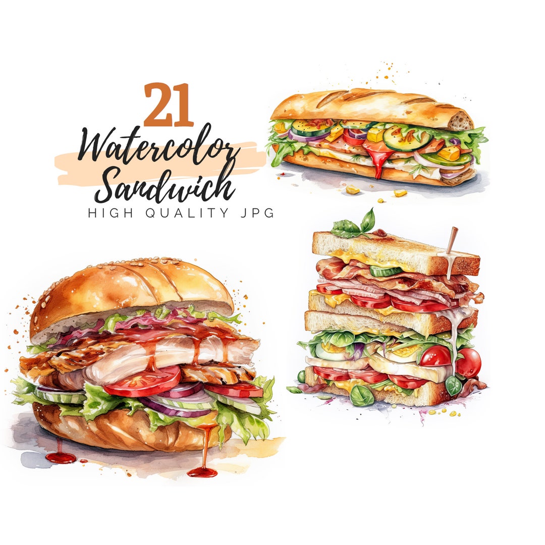 Watercolor Sandwich Clipart - Fast Food Clipart - Food Illustration ...