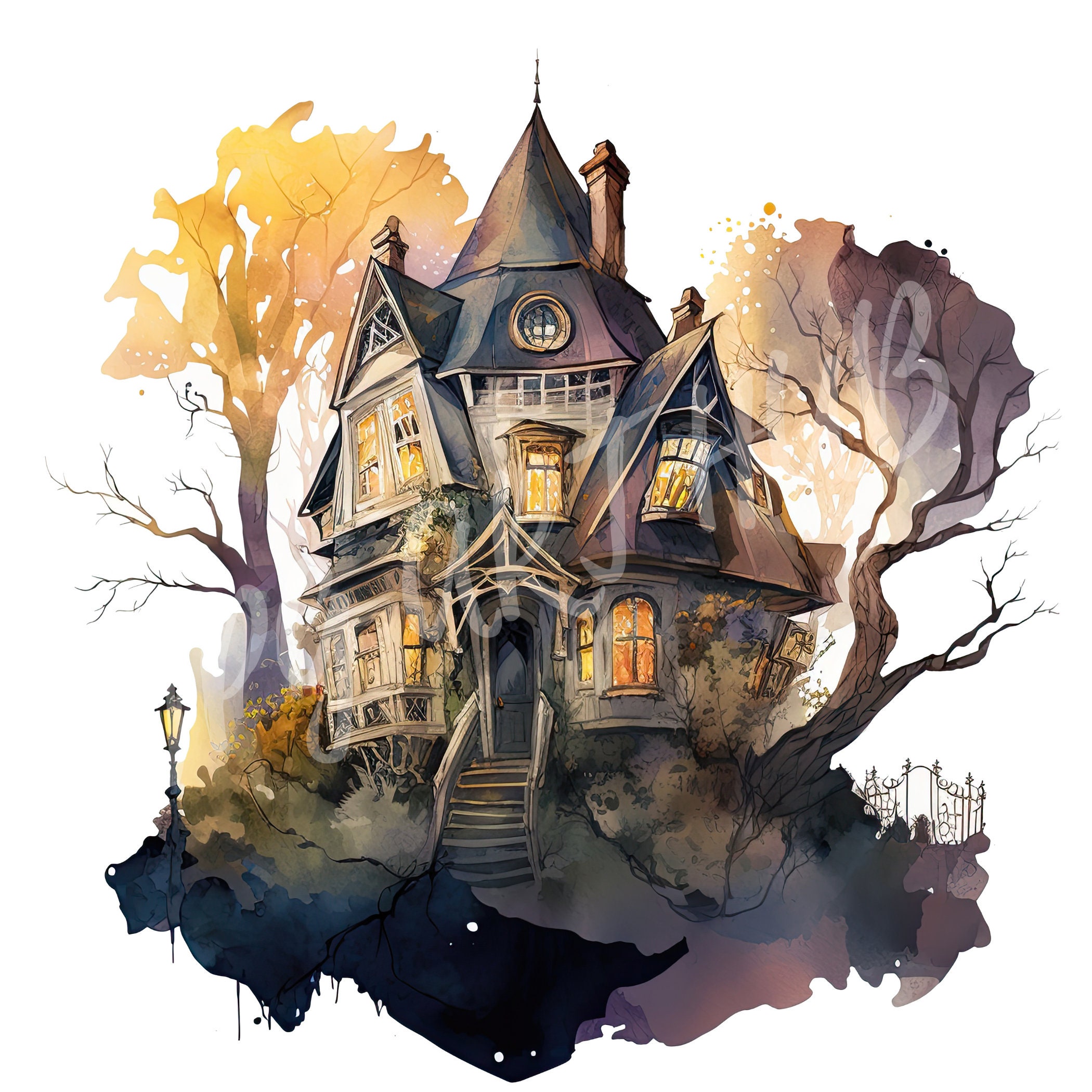 Watercolor Haunted House Clipart, Spooky House Clipart, Watercolor ...