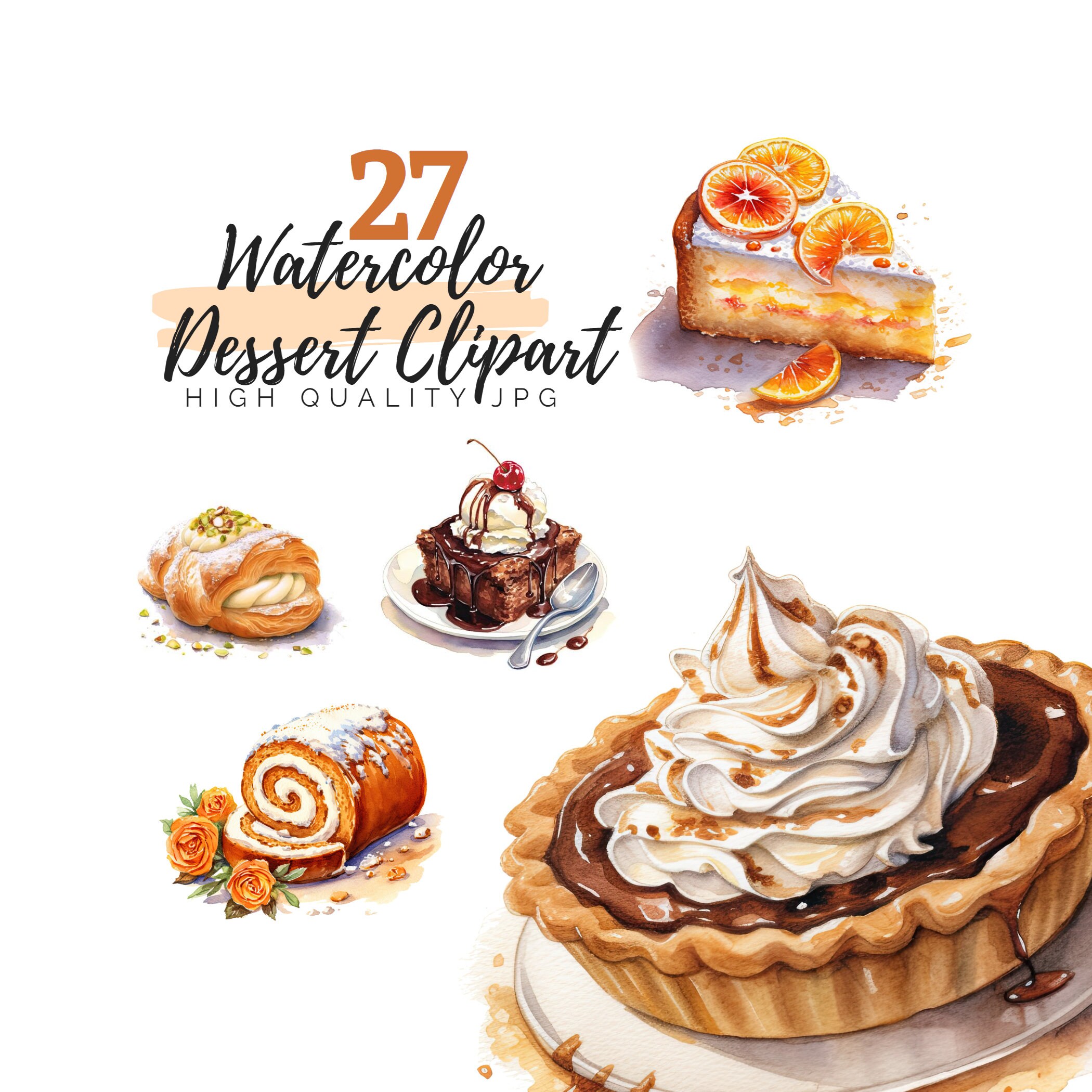 Watercolor Delicious Dessert Clipart, Printable Dessert Art, Digital ...