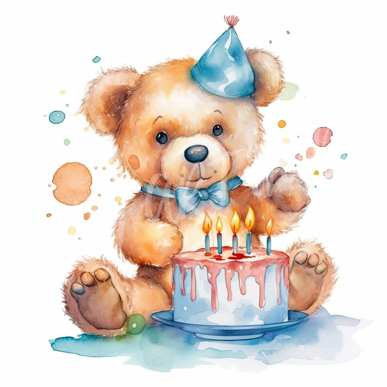 Watercolor Teddy Bear Birthday Clipart Pack, Teddy Clipart, Bear ...