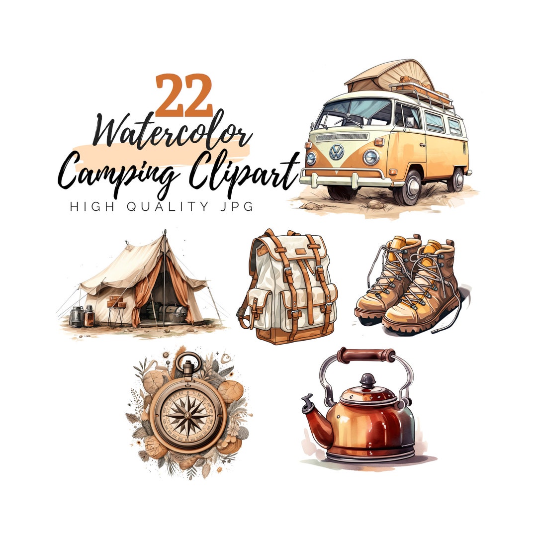 Watercolor Camping Clipart Bundle, Nature Hiking Clipart, Outdoor Camp ...