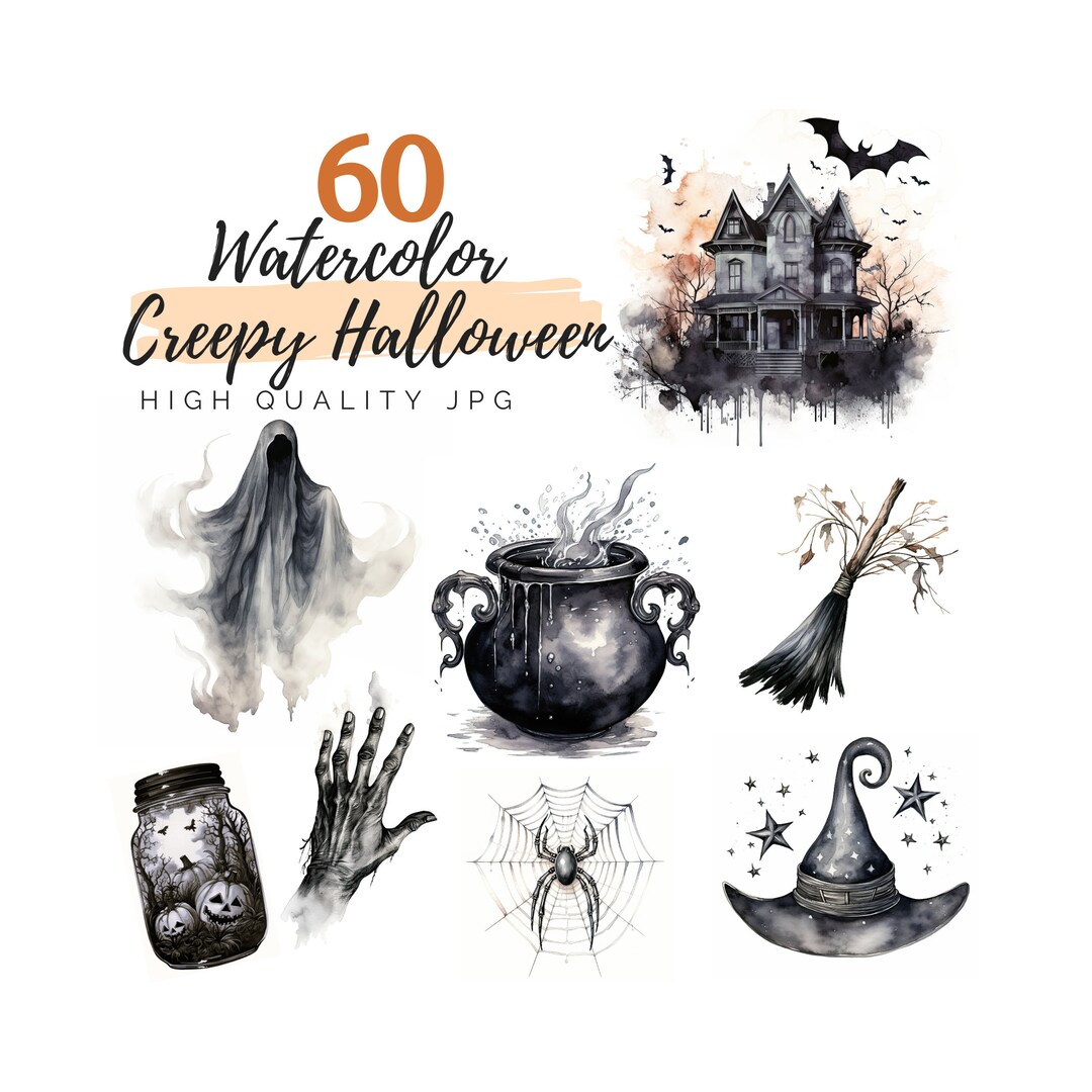 Watercolor Creepy Halloween Night Clipart, Creepy Clipart, Halloween ...