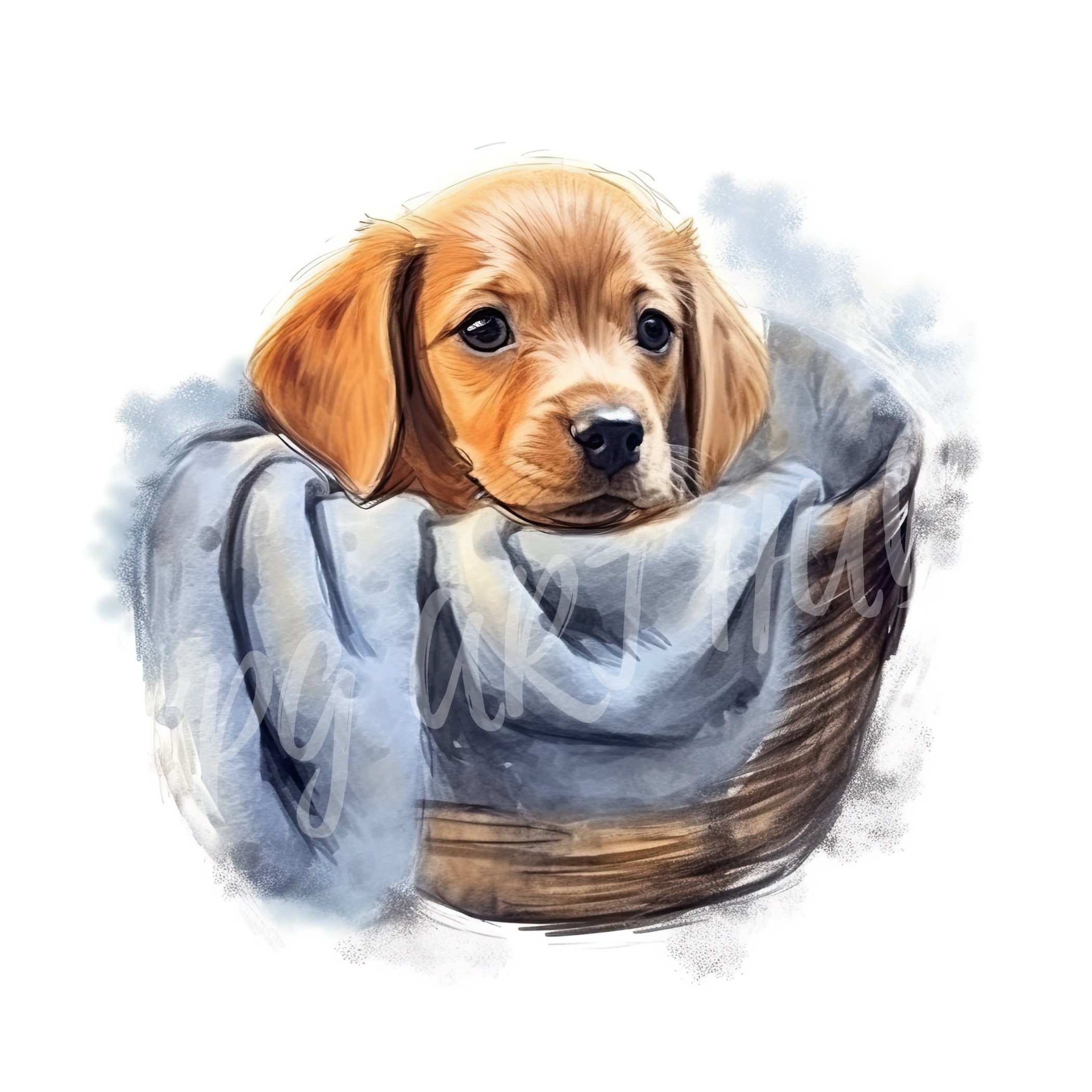 Watercolor Cute Puppy in a Basket Clipart, Puppy Clipart, Digital ...