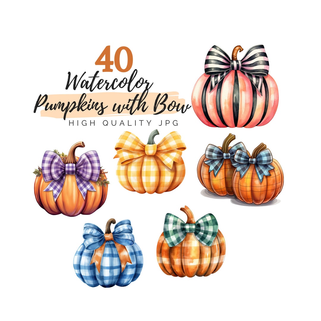 Watercolor Pumpkins With Bow Clipart, Halloween Clipart, High Quality ...