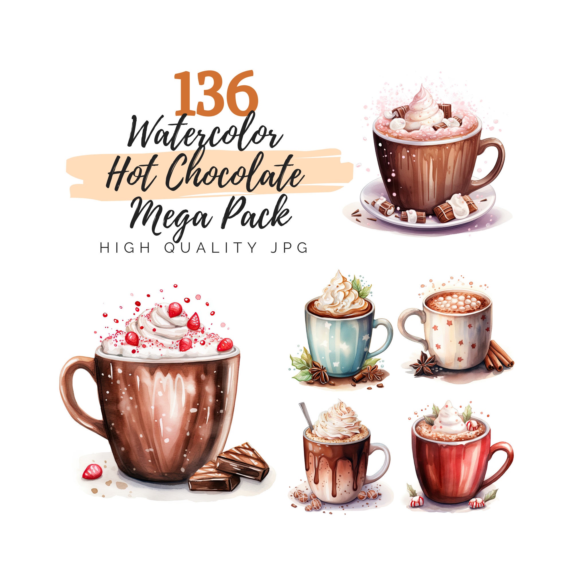 Watercolor Hot Chocolate Clipart, High Quality JPG, Digital Download ...