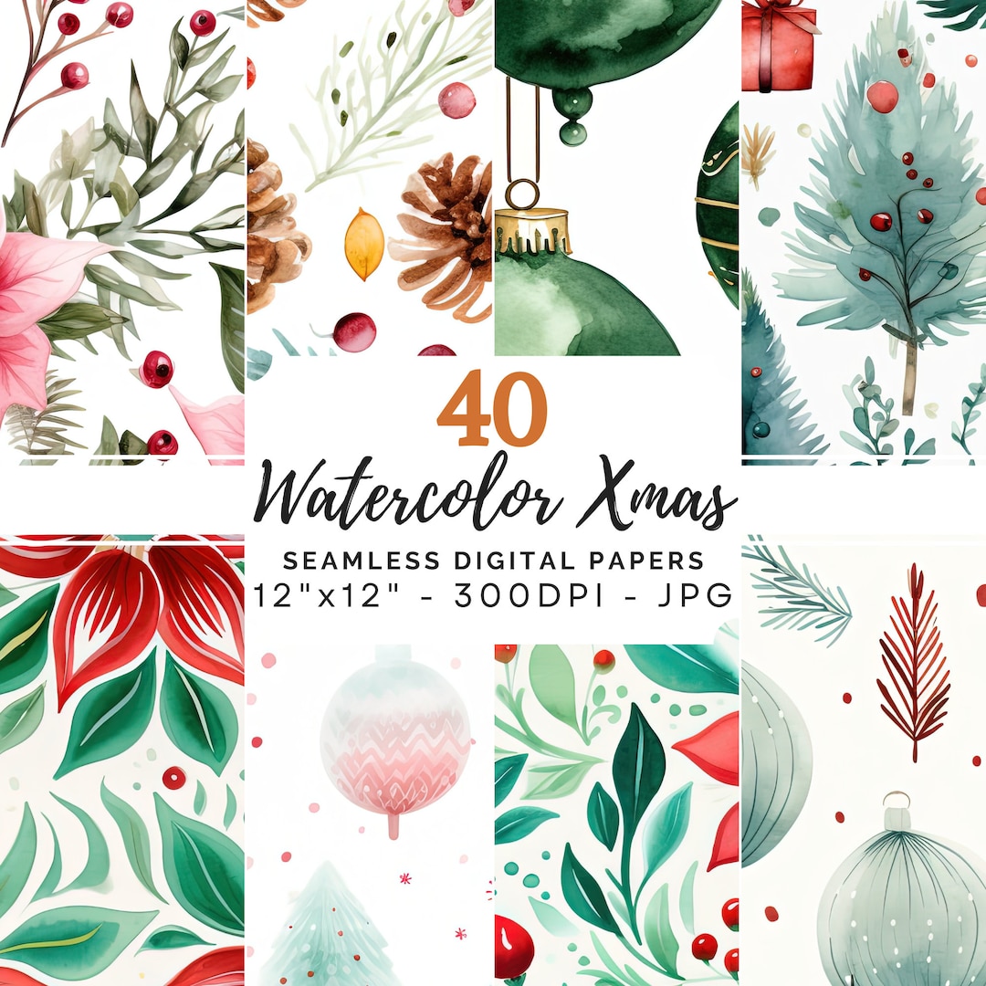 Seamless Watercolor Christmas Digital Paper, Christmas Seamless Pattern ...