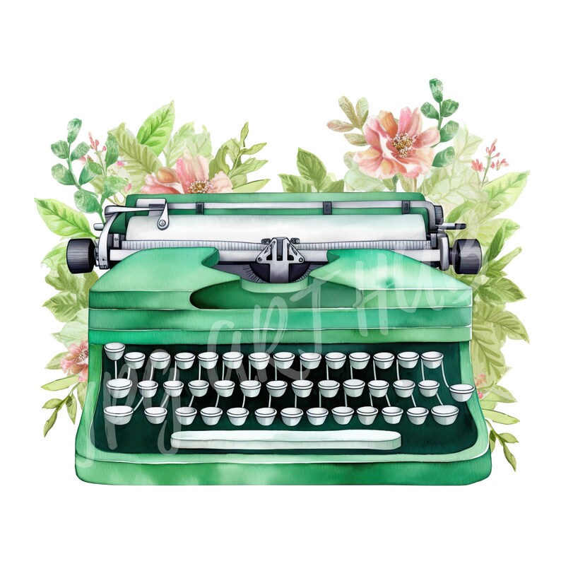 Watercolor Floral Typewriter Clipart Bundle, Vintage Typing Machine ...