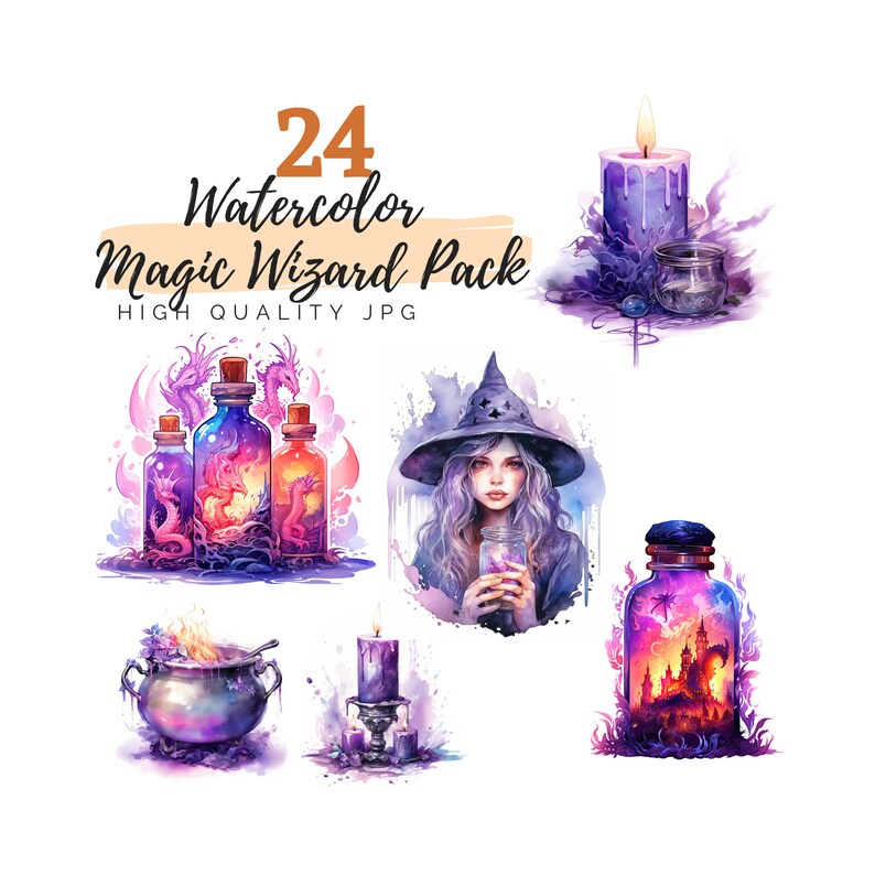 Watercolor Magic Wizard Clipart Bundle, Cute Halloween Clipart, Digital ...