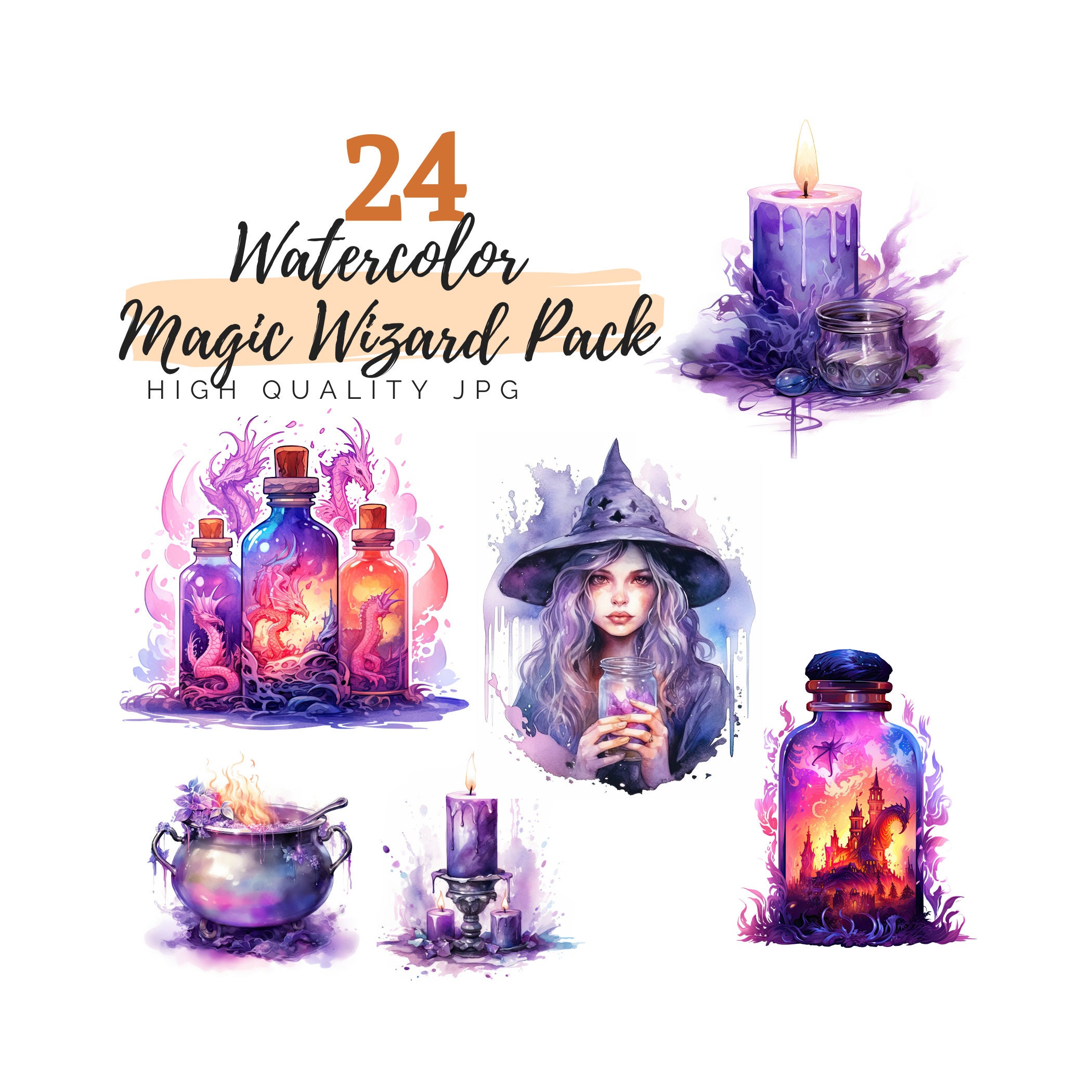 Watercolor Magic Wizard Clipart Bundle, Cute Halloween Clipart, Digital ...