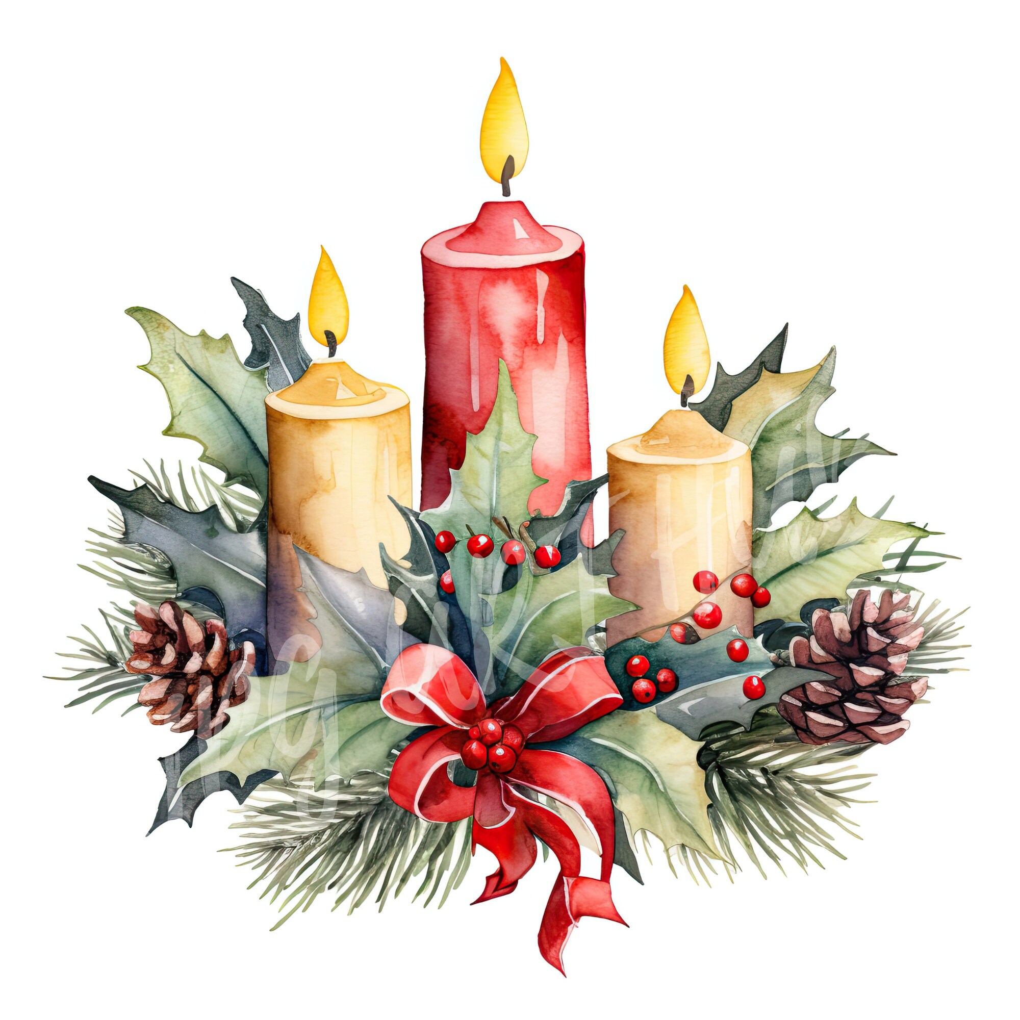 Watercolor Christmas Candles Clipart, High Quality JPG, Digital ...