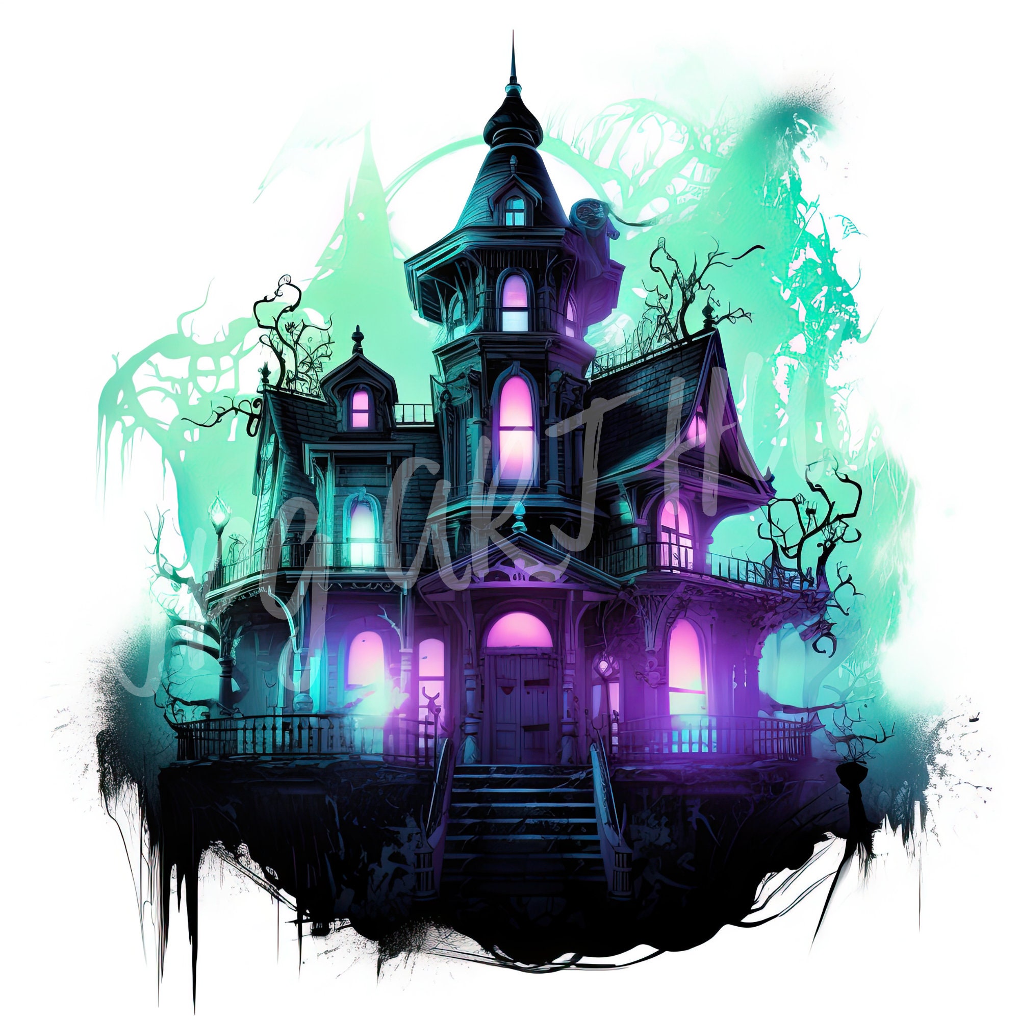 Watercolor Neon Haunted Mansion Clipart, Halloween Clipart, High ...