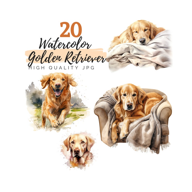 Watercolor Golden Retriever Clipart, High Quality JPG, Digital Download ...