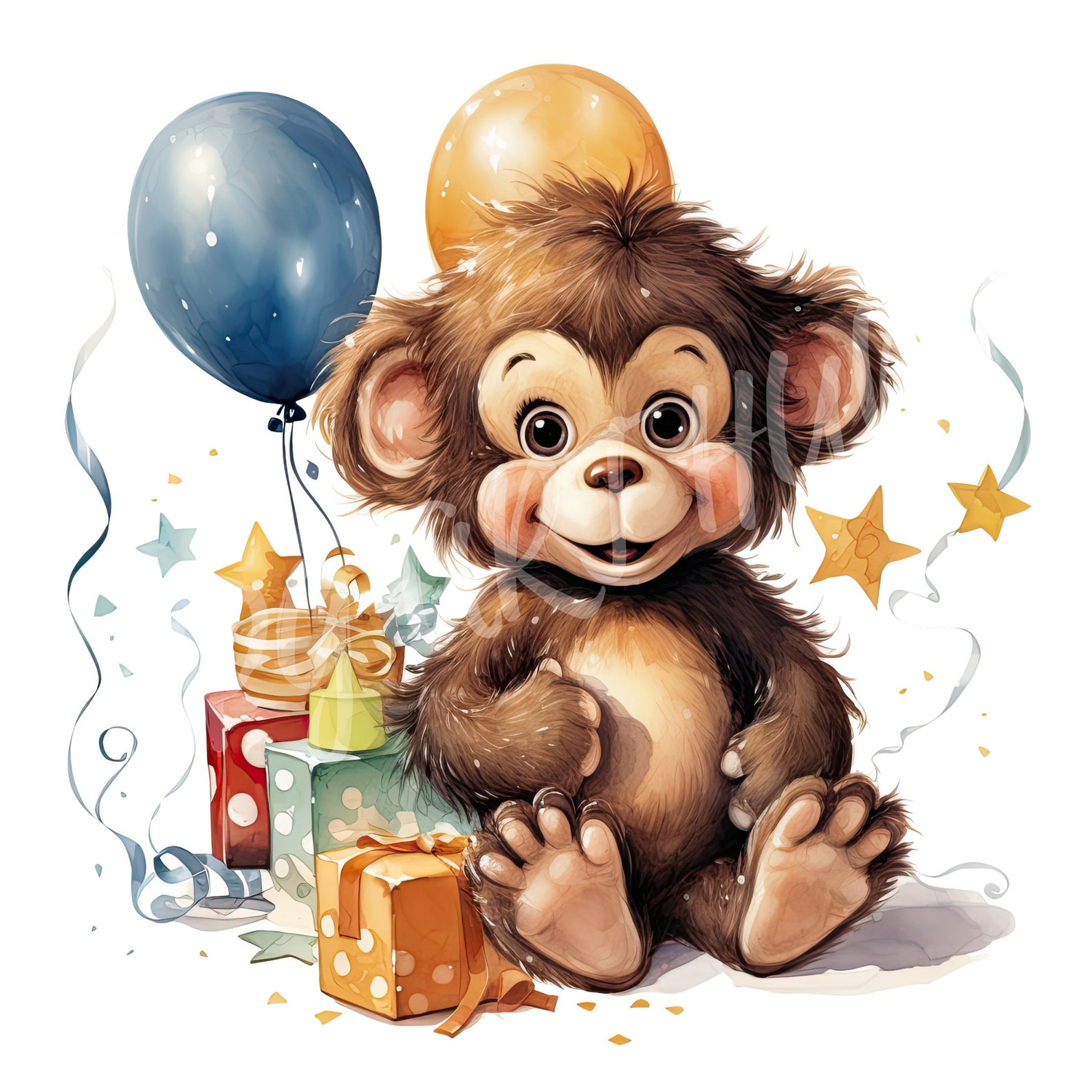 Watercolor Baby Monkey Birthday Clipart Bundle, Cute Monkey Clipart ...