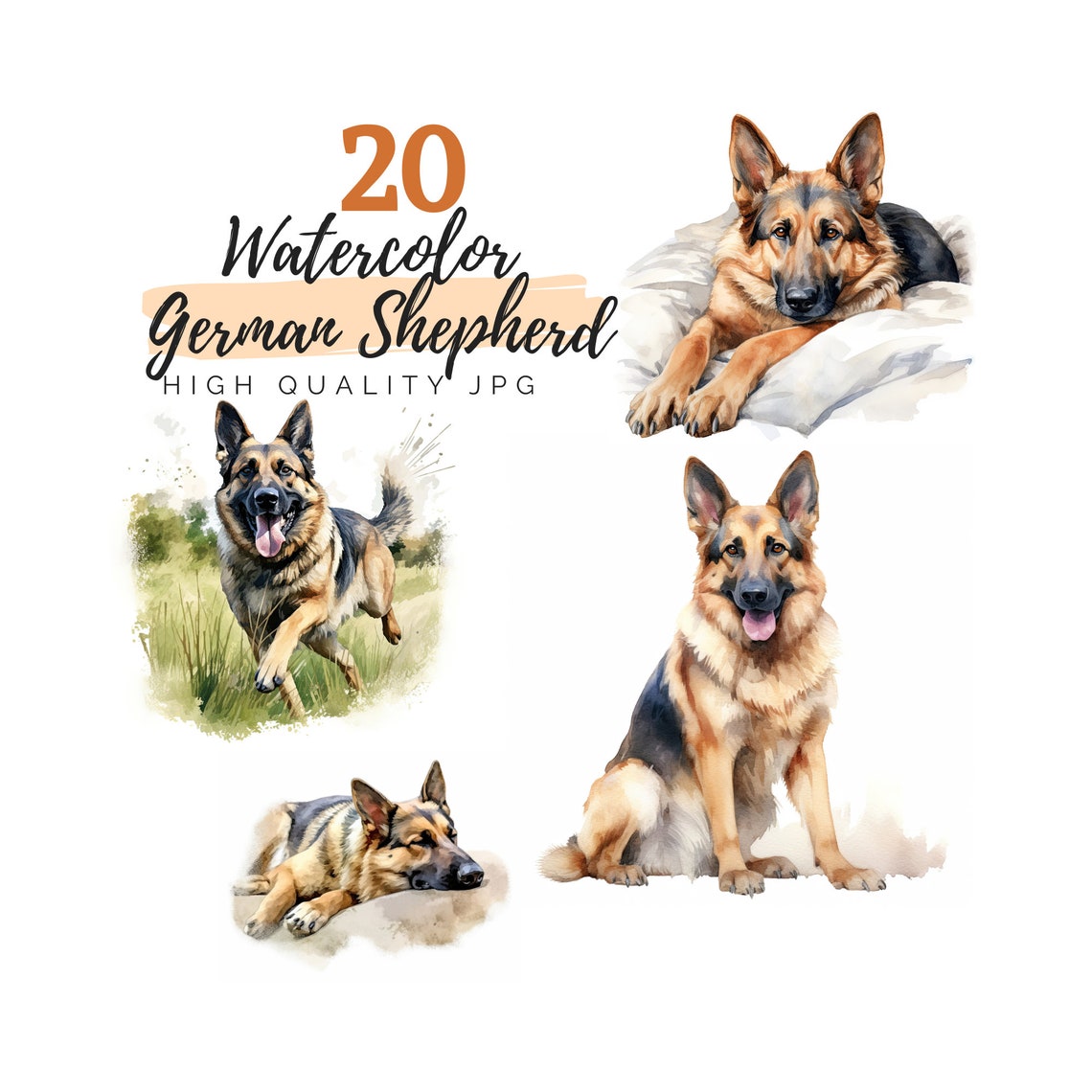 Watercolor German Shepherd Clipart High Quality JPG Digital - Etsy