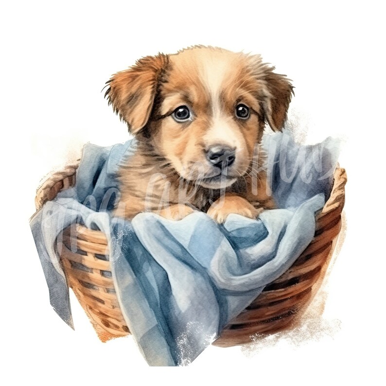 Watercolor Cute Puppy in a Basket Clipart, Puppy Clipart, Digital ...