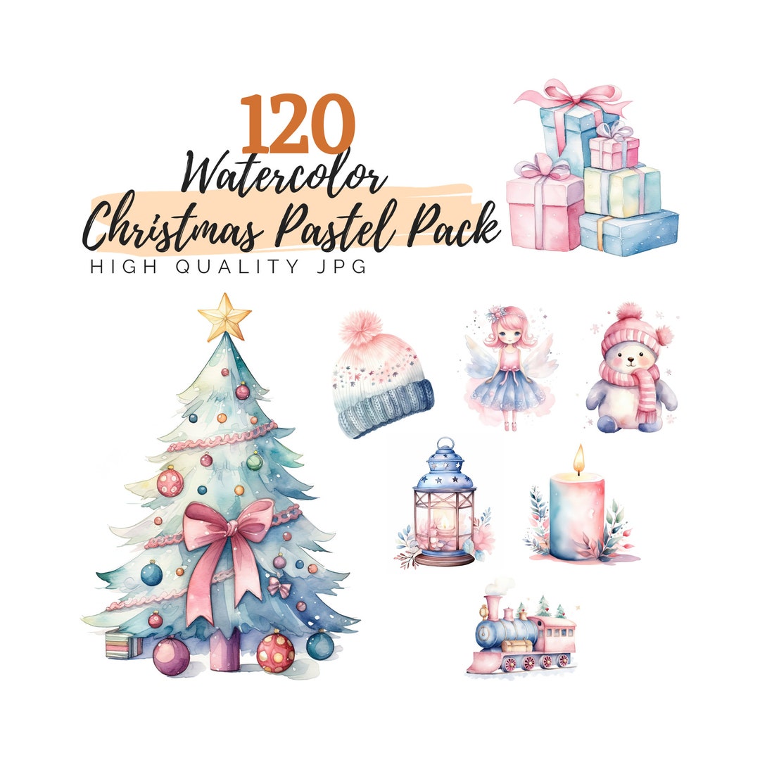 Watercolor Pastel Christmas Clipart Bundle, High Quality JPG, Digital ...