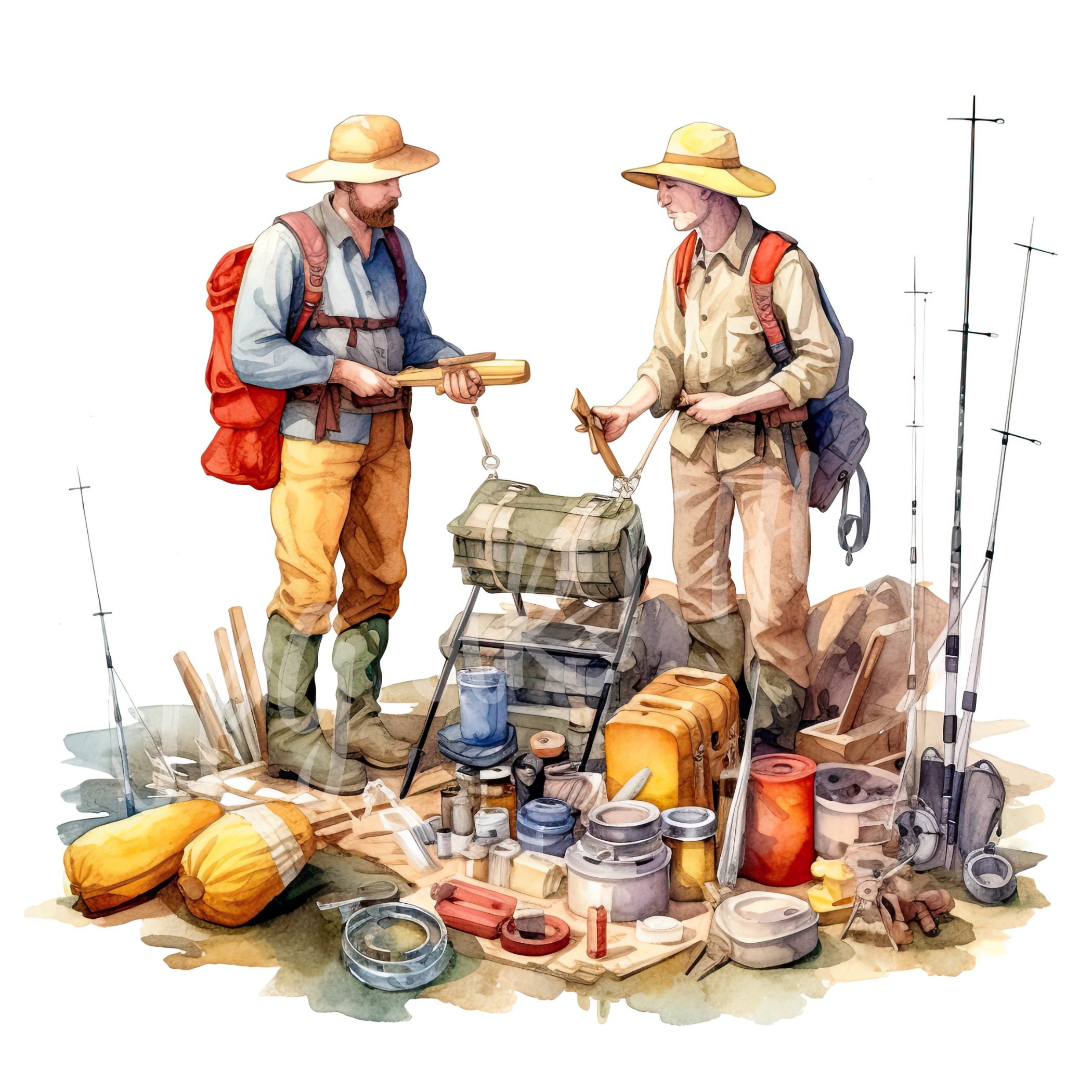 Watercolor Fishing Clipart, Summer Clipart, Camping Clipart, Digital ...