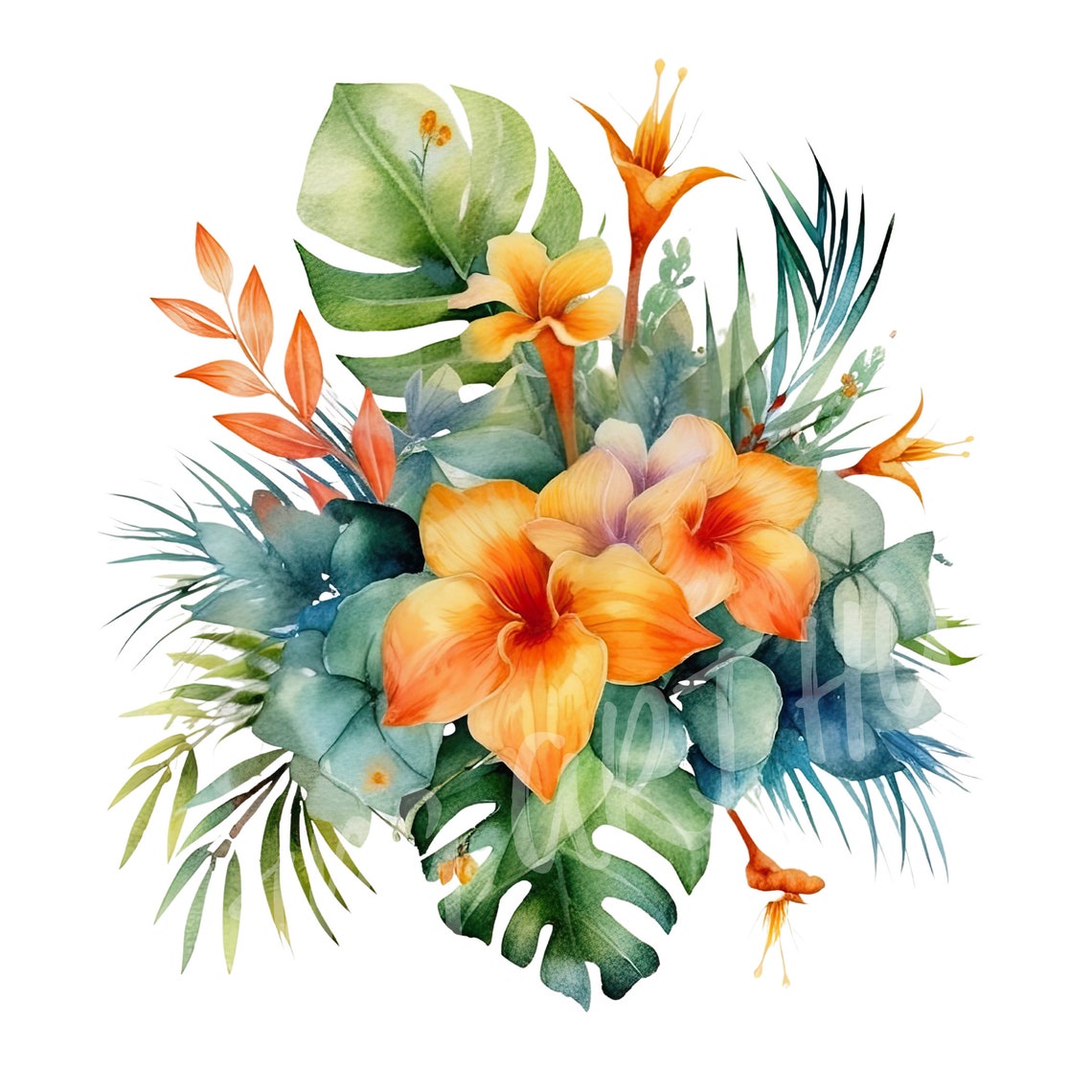 Watercolor Tropical Flowers Bouquet Clipart, Flowers Clipart, Digital ...