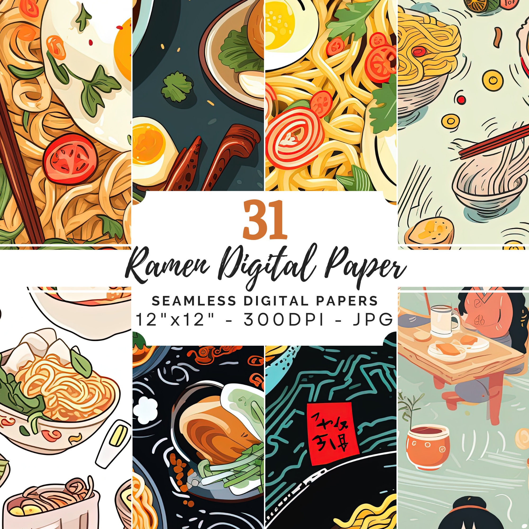 Seamless Ramen Digital Paper Pack, Dim Sum Seamless Pattern, Ramen ...