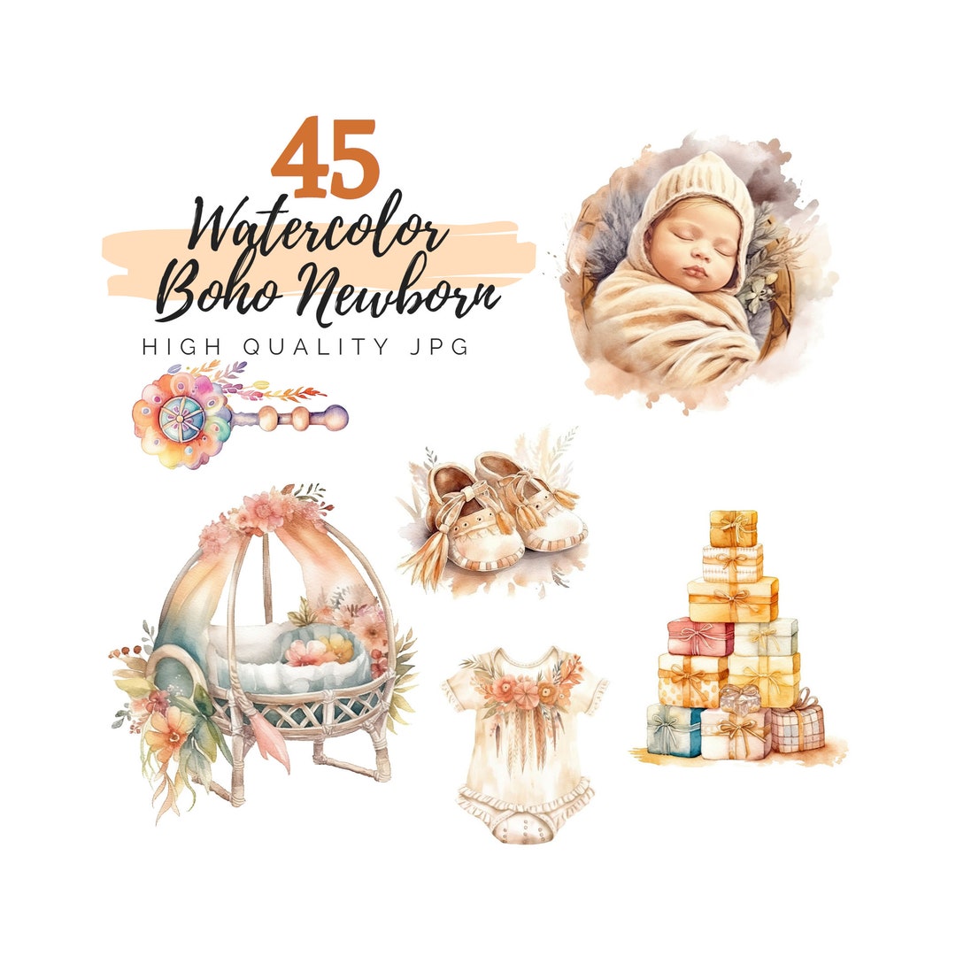 Watercolor Boho Newborn Clipart, Baby Clipart, Digital Download ...