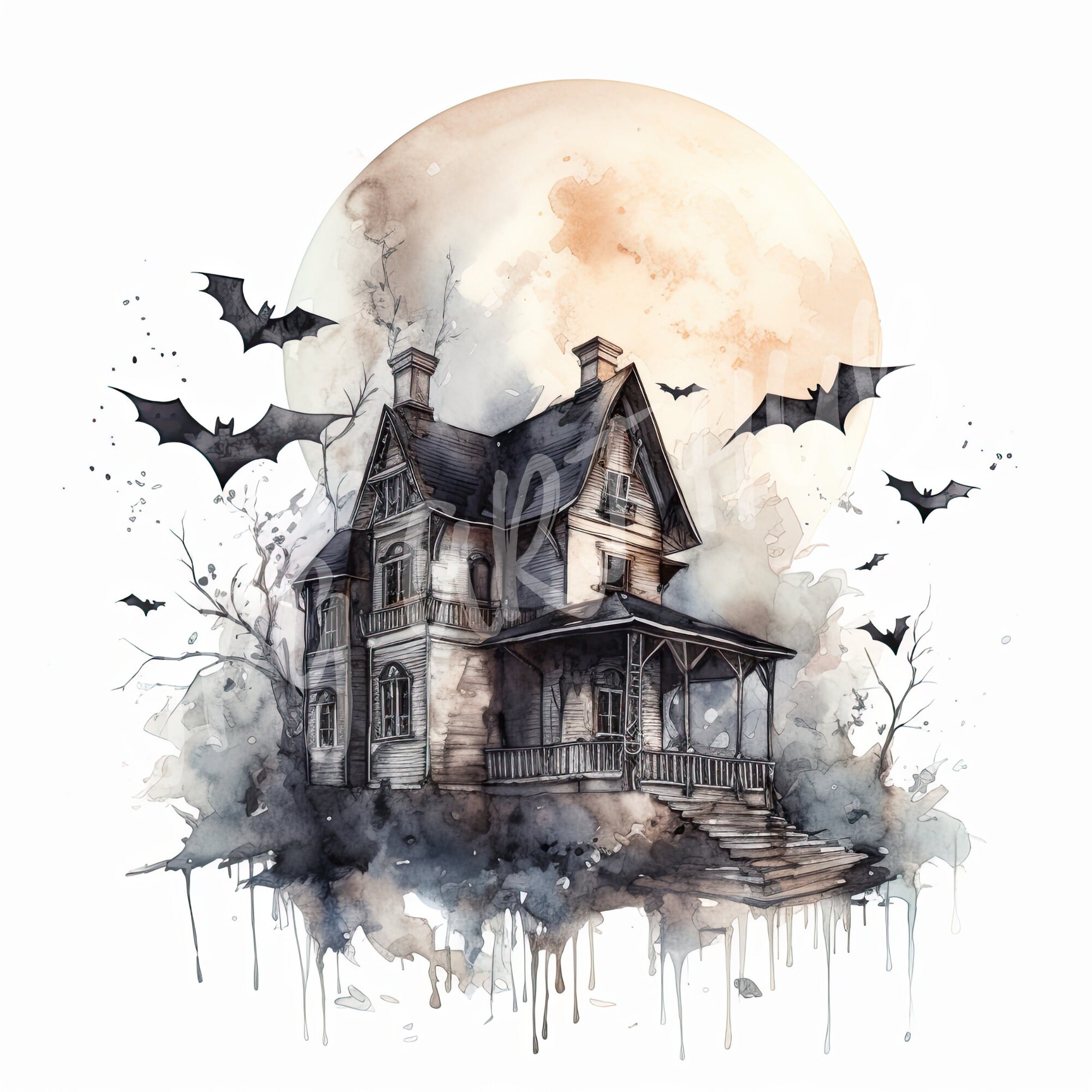 Watercolor Spooky Haunted House Clipart, High Quality JPG, Digital ...