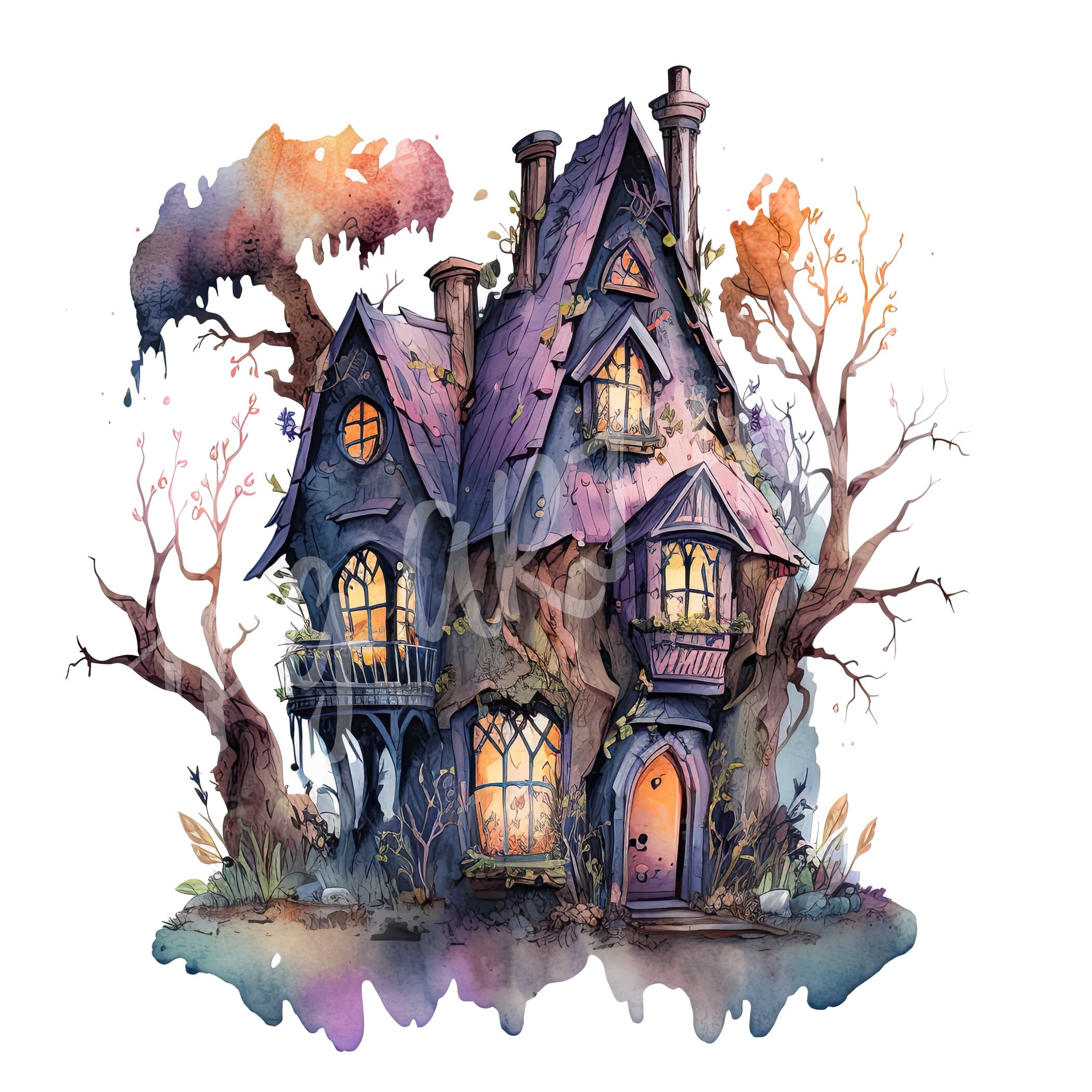 Watercolor Haunted House Clipart, Spooky House Clipart, Watercolor ...