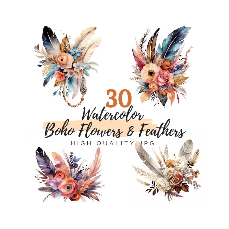 Boho Floral Feathers Bouquet Clipart, High Quality JPG, Digital ...