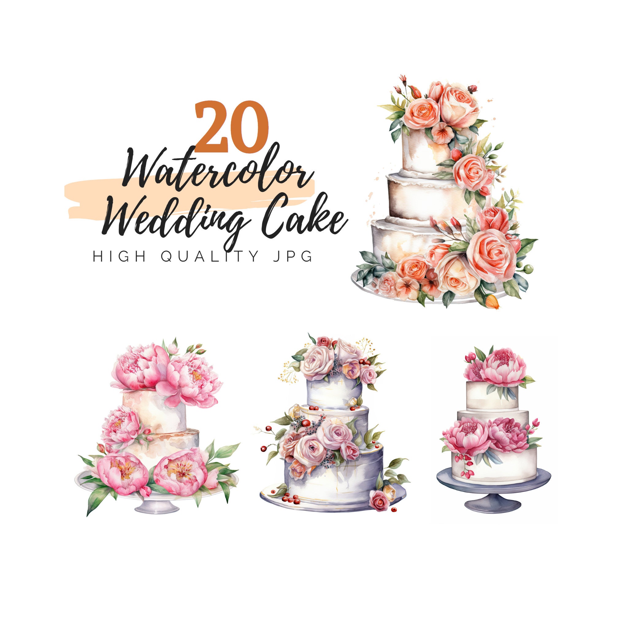 Watercolor Wedding Cake Clipart, Classic Cake, Wedding Clipart, Floral ...
