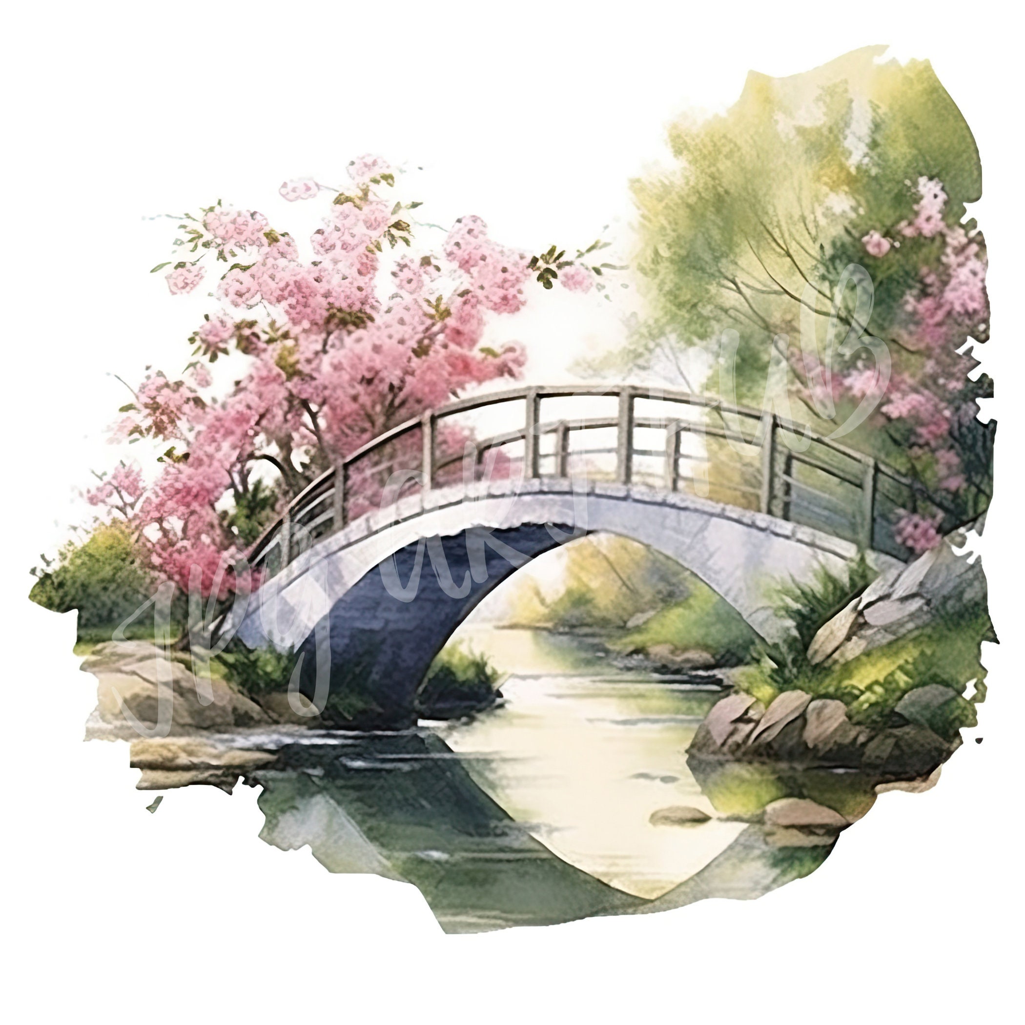 Watercolor Spring Floral Bridge Clipart, Garden Bridge, Digital ...
