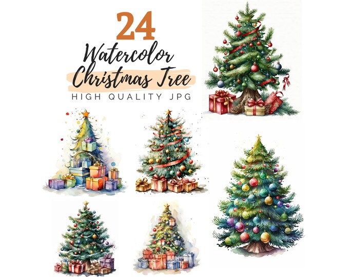 Blue Watercolor Christmas Tree Clipart 10 Watercolor Jpgs Christmas ...