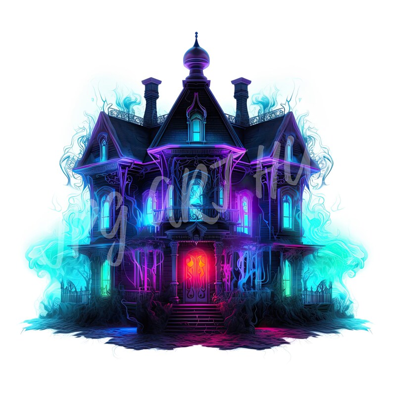 Watercolor Neon Haunted Mansion Clipart, Halloween Clipart, High ...