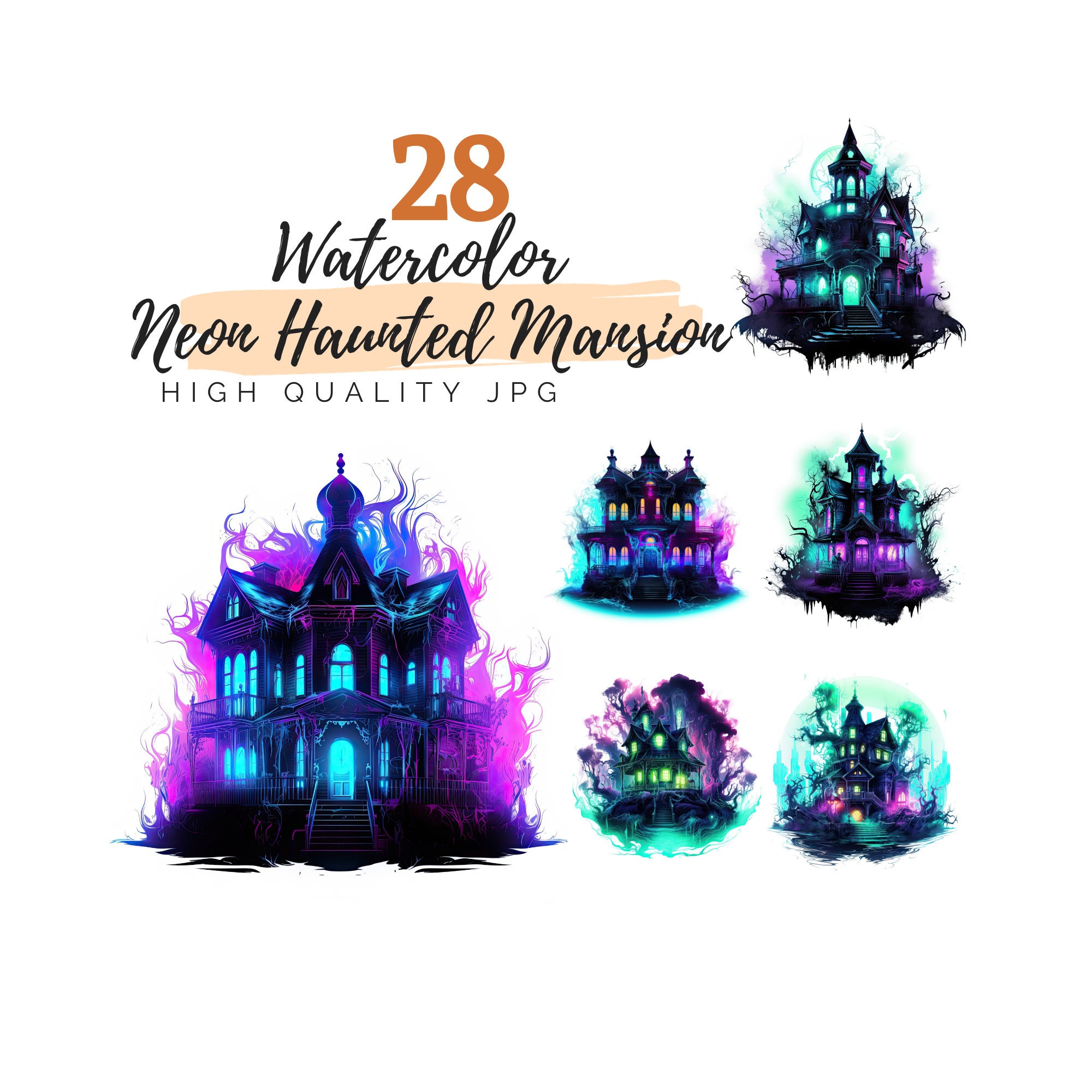 Watercolor Neon Haunted Mansion Clipart, Halloween Clipart, High ...