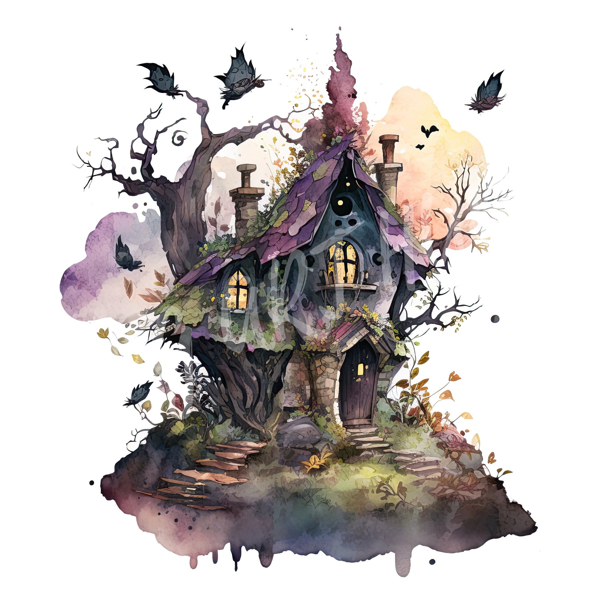 Watercolor Haunted House Clipart, Spooky House Clipart, Watercolor ...