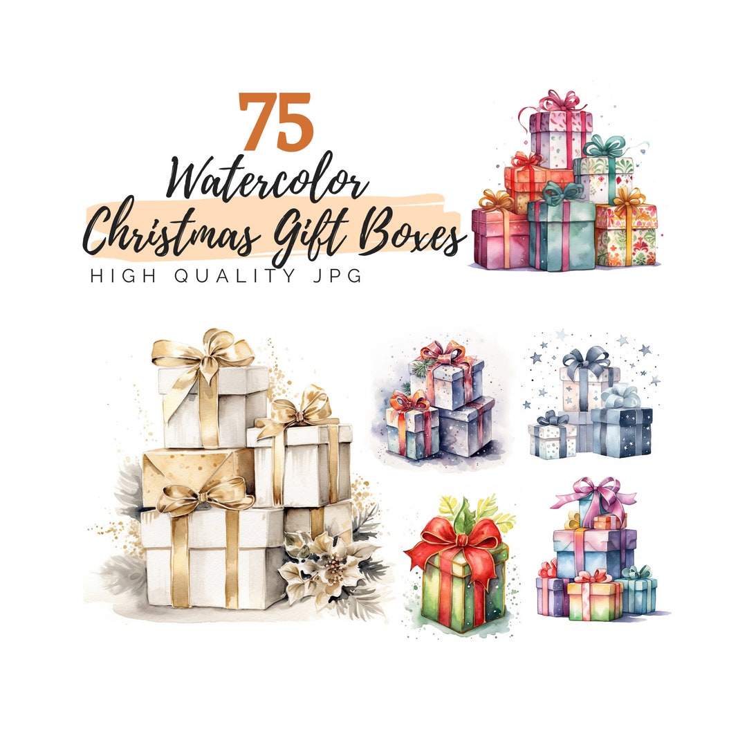 Watercolor Christmas Gift Boxes Clipart, High Quality JPG, Digital ...