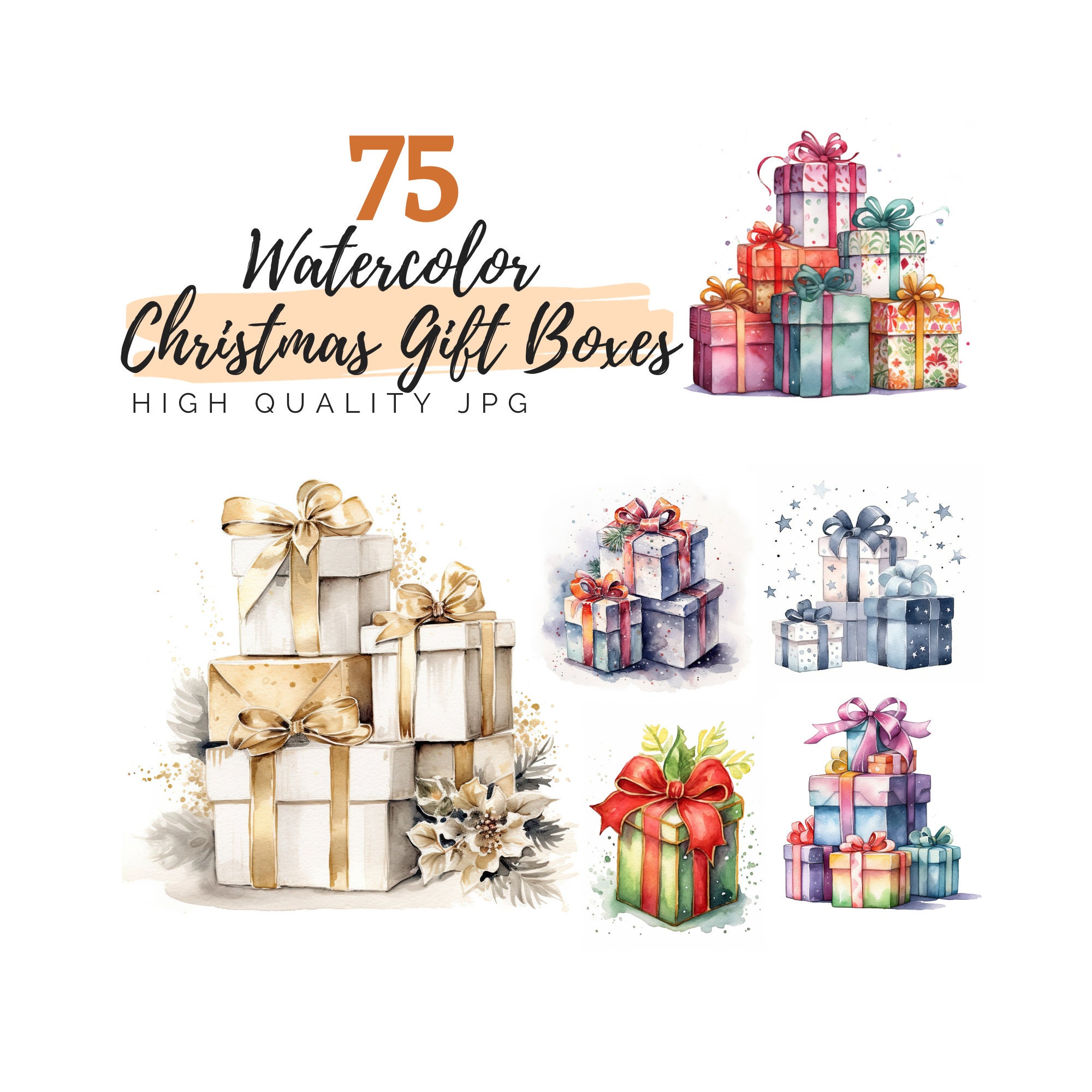 Watercolor Christmas Gift Boxes Clipart, High Quality JPG, Digital ...