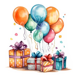 Watercolor Kids Birthday Clipart Pack, Balloons Clipart, Gift Clipart ...